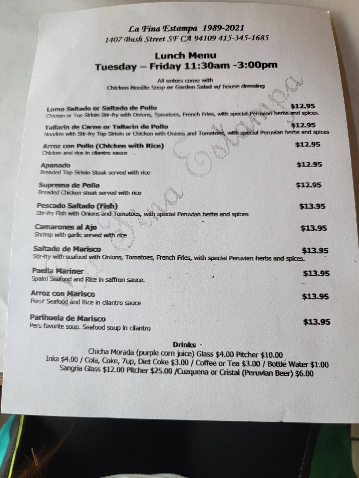 Menu at La Fina Estampa restaurant, San Francisco, Bush St