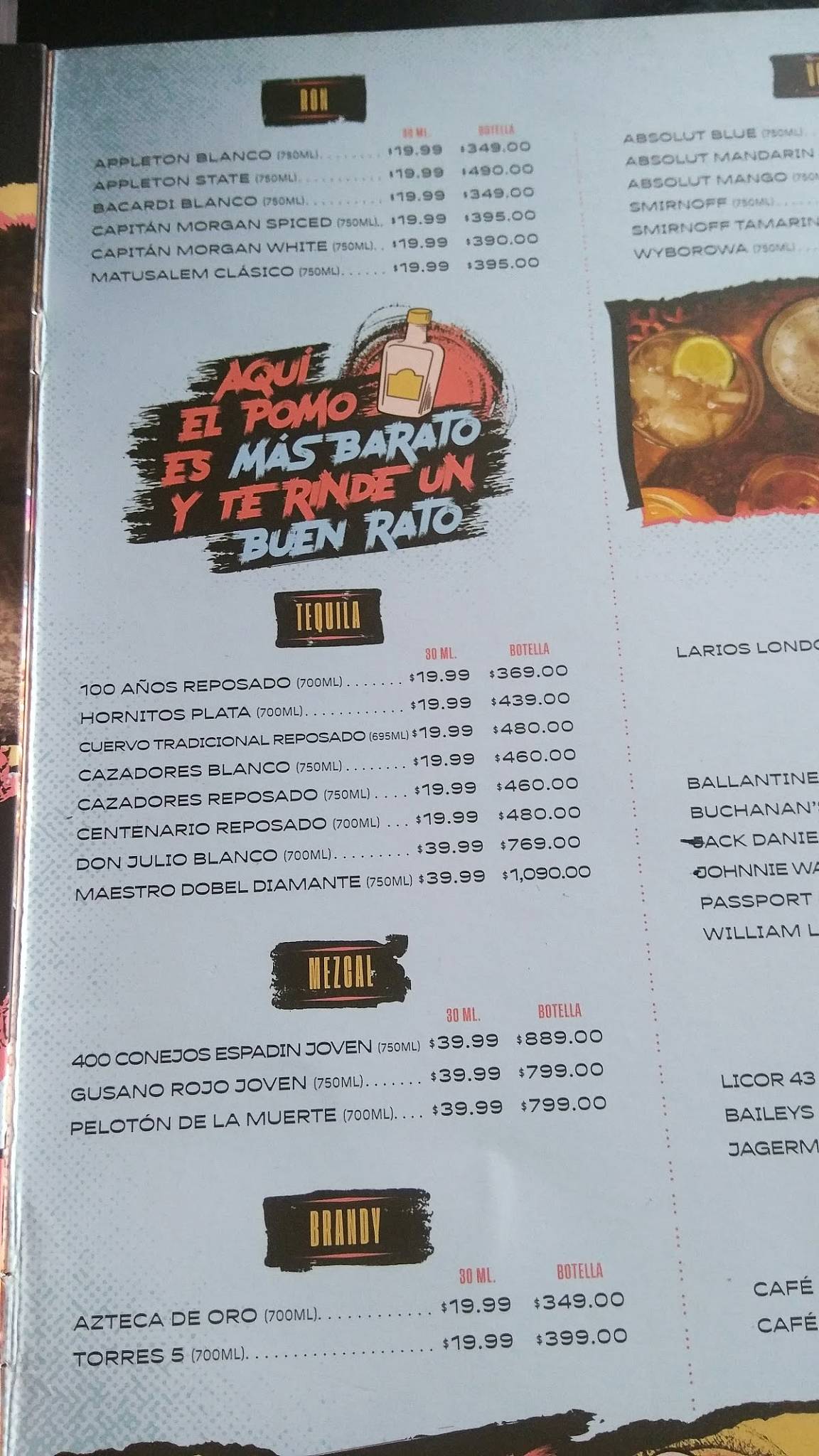 Carta del pub y bar La Mítica Cervecería, Mexico