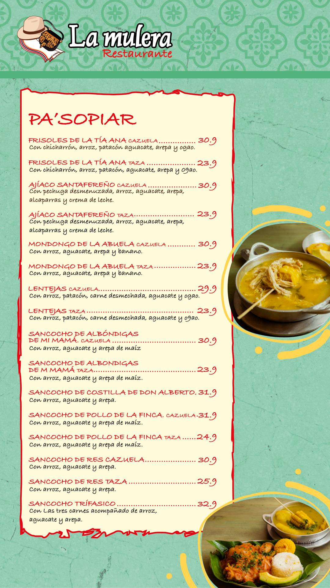 Carta del restaurante La Mulera Calle 97, Bogotá