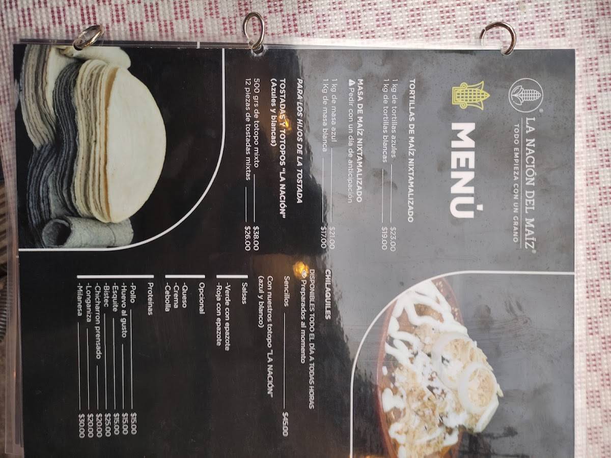 Menu at La Nación del Maíz restaurant, Mexico City