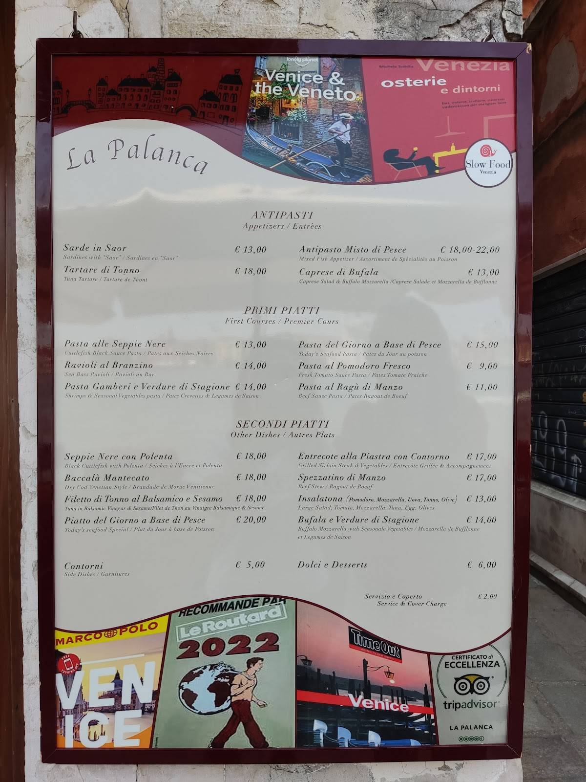 Menu at La Palanca cafe, Venice