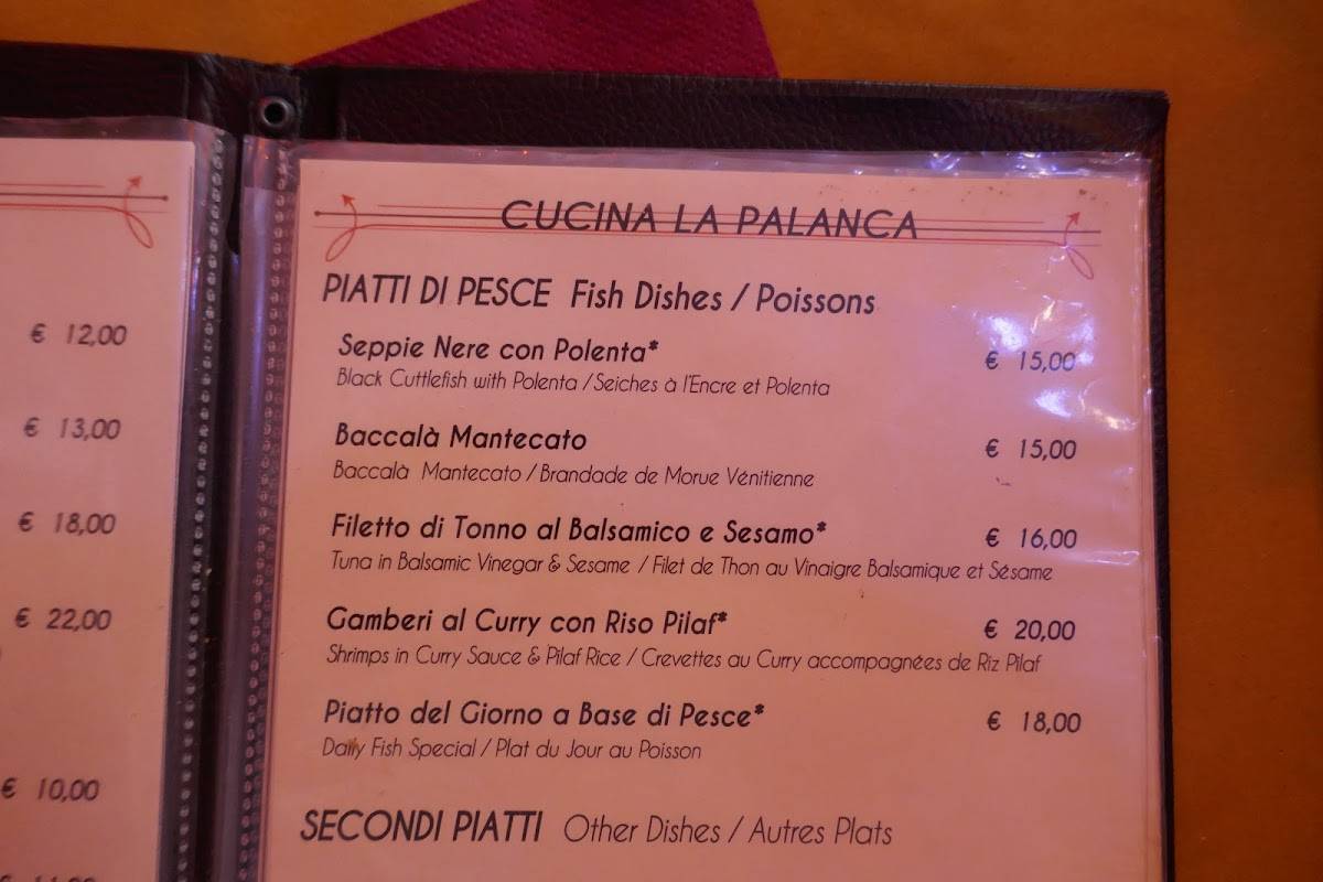 Menu at La Palanca cafe, Venice