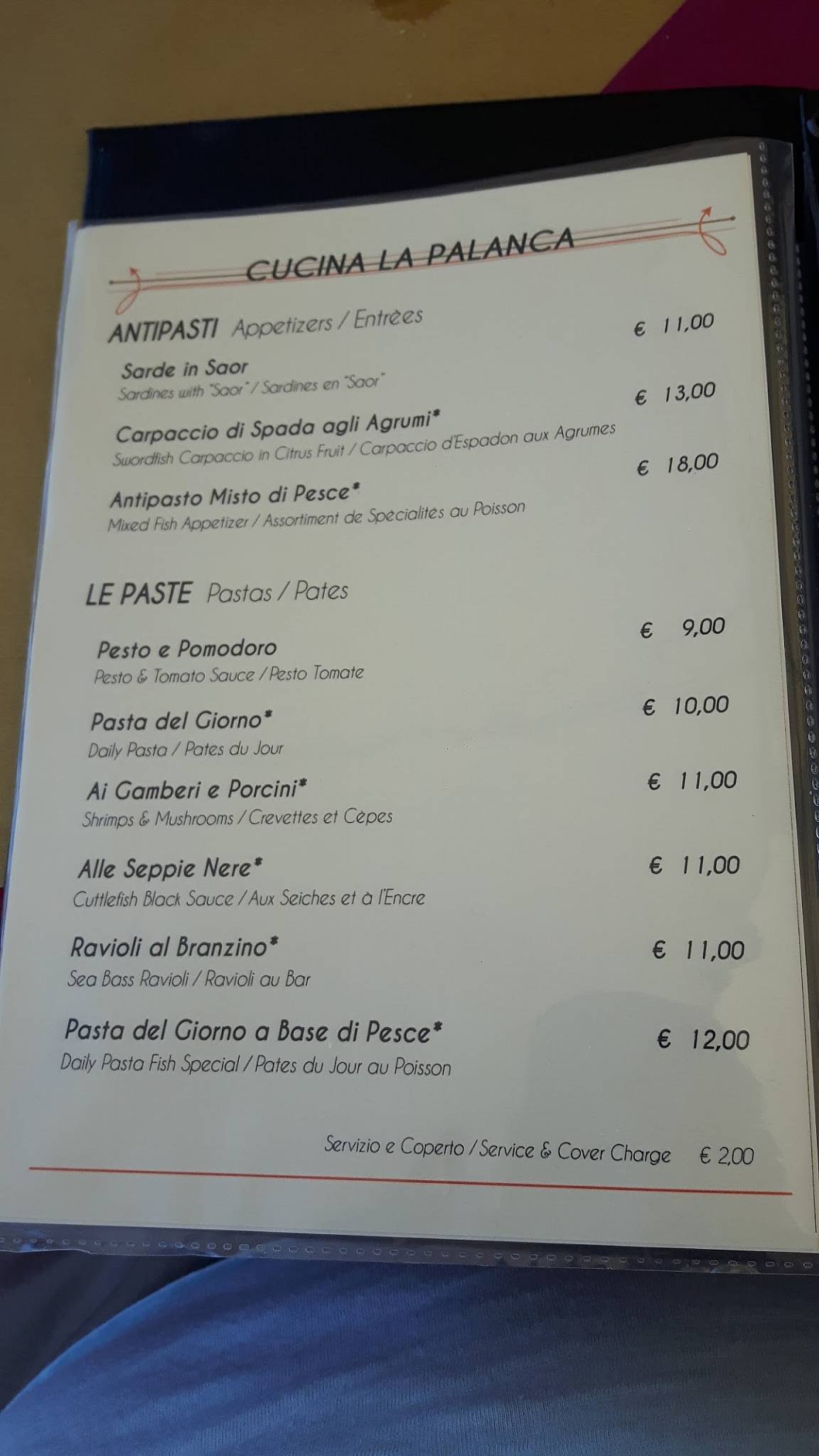 Menu at La Palanca cafe, Venice