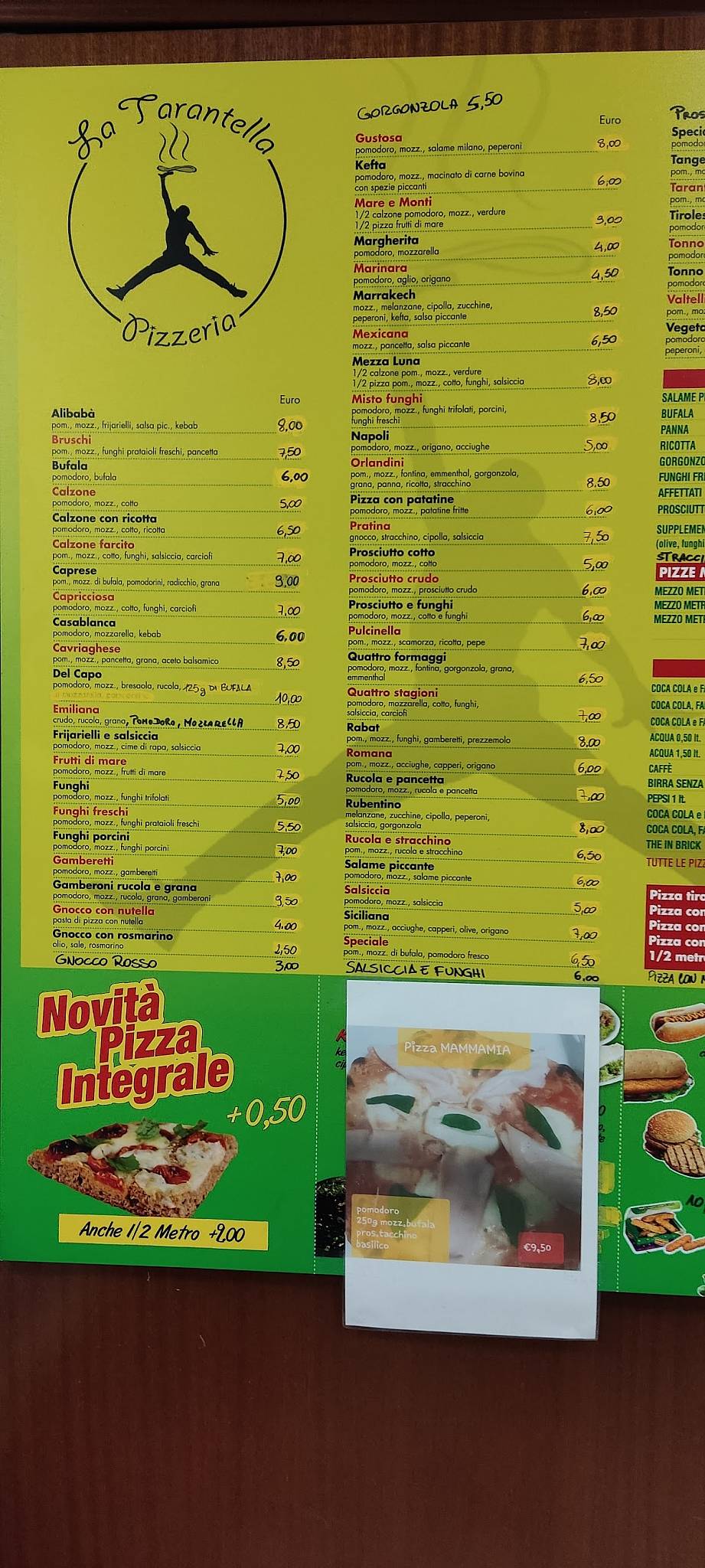 Menu da La Tarantella pizzeria, Cavriago