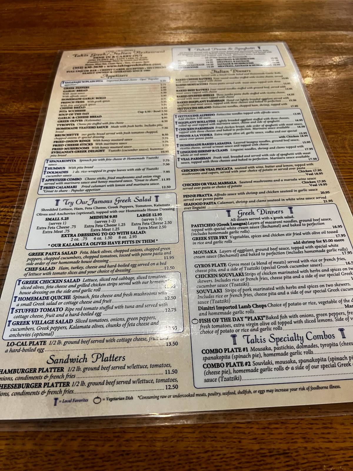 Menu at Takis Greek-Italian Restaurant, The Villages, US-441