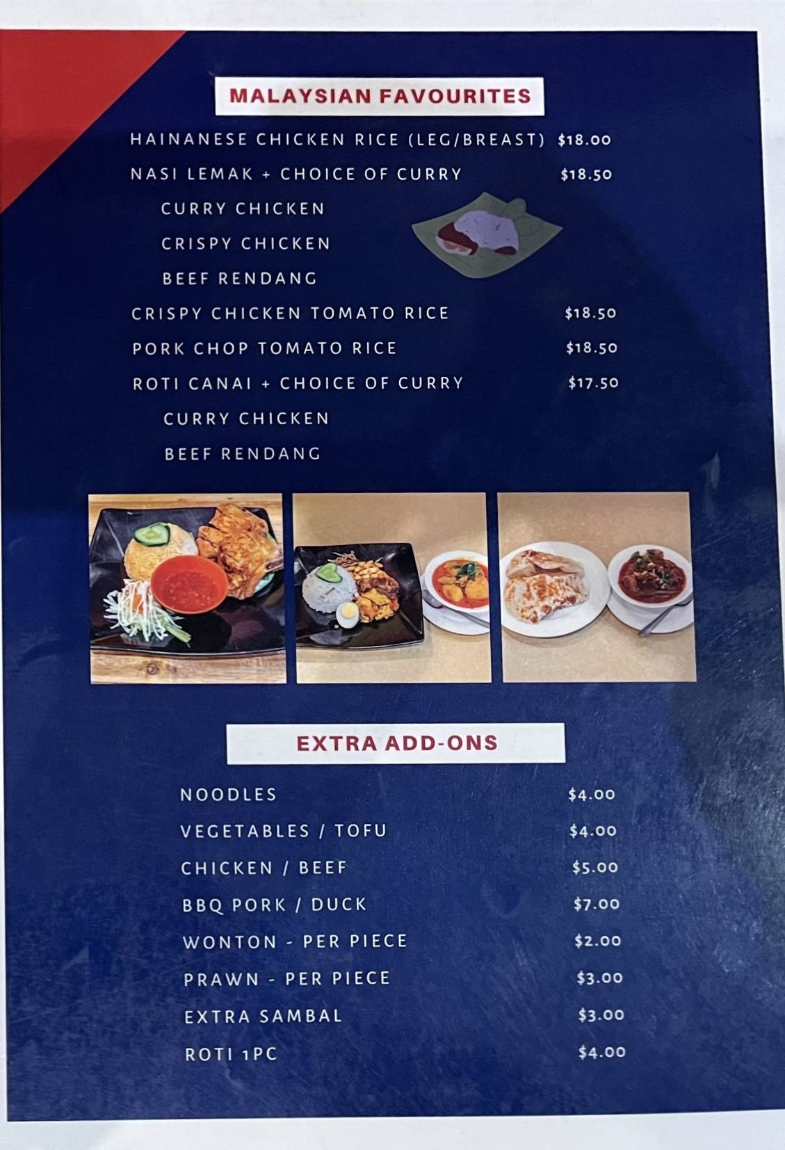 Menu at Laksa King restaurant, Sydney, 37-39 Erskine St