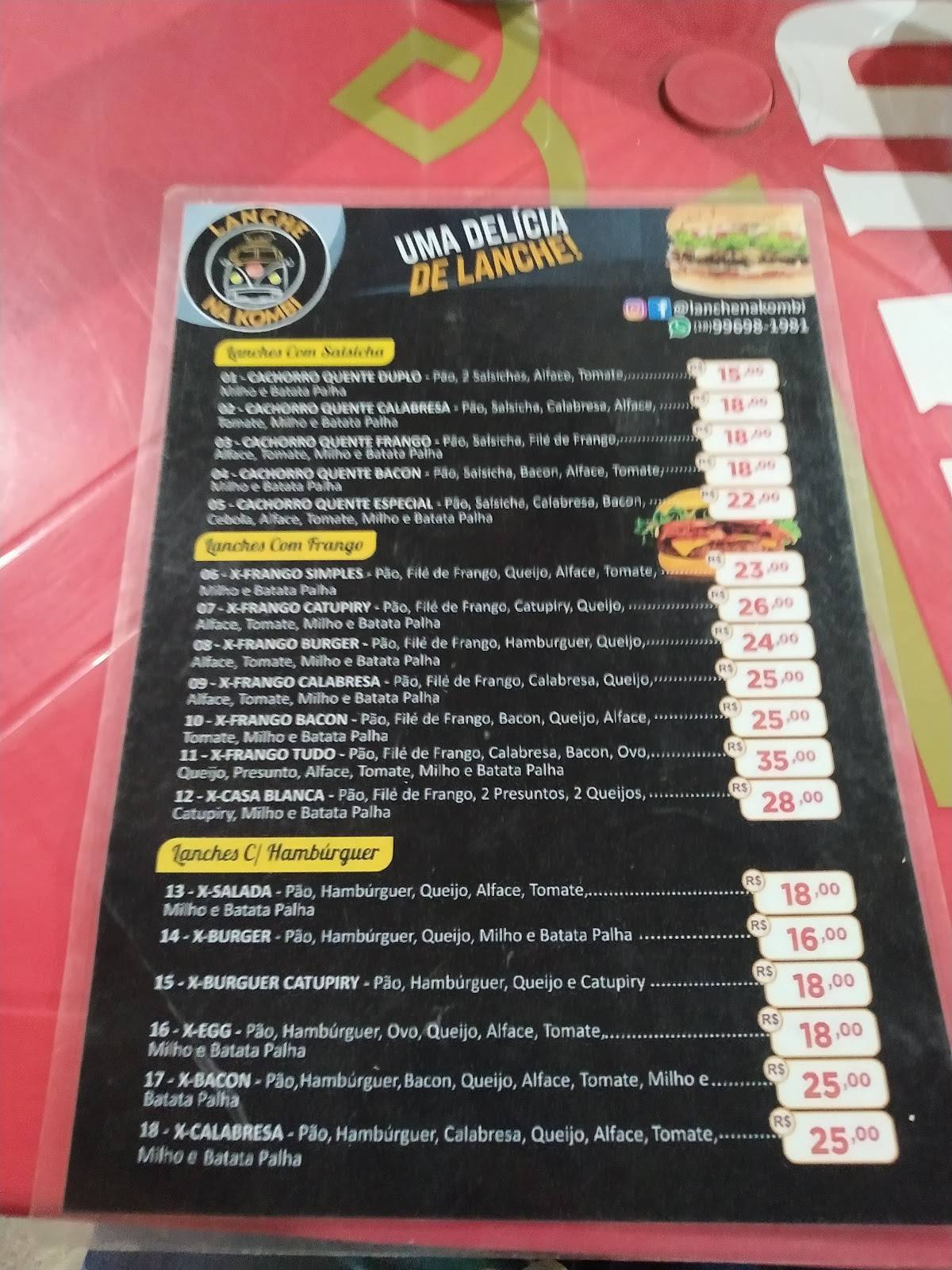 Menu em Lanche na Kombi, Presidente Prudente