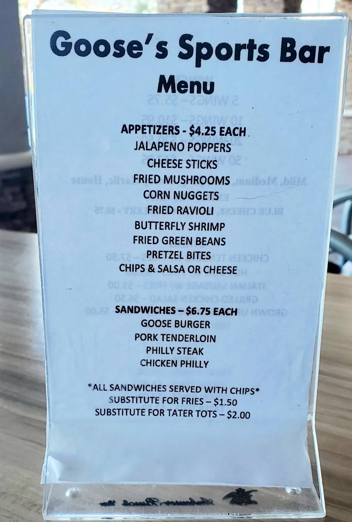 Menu at Goose's Sports Bar, Largo