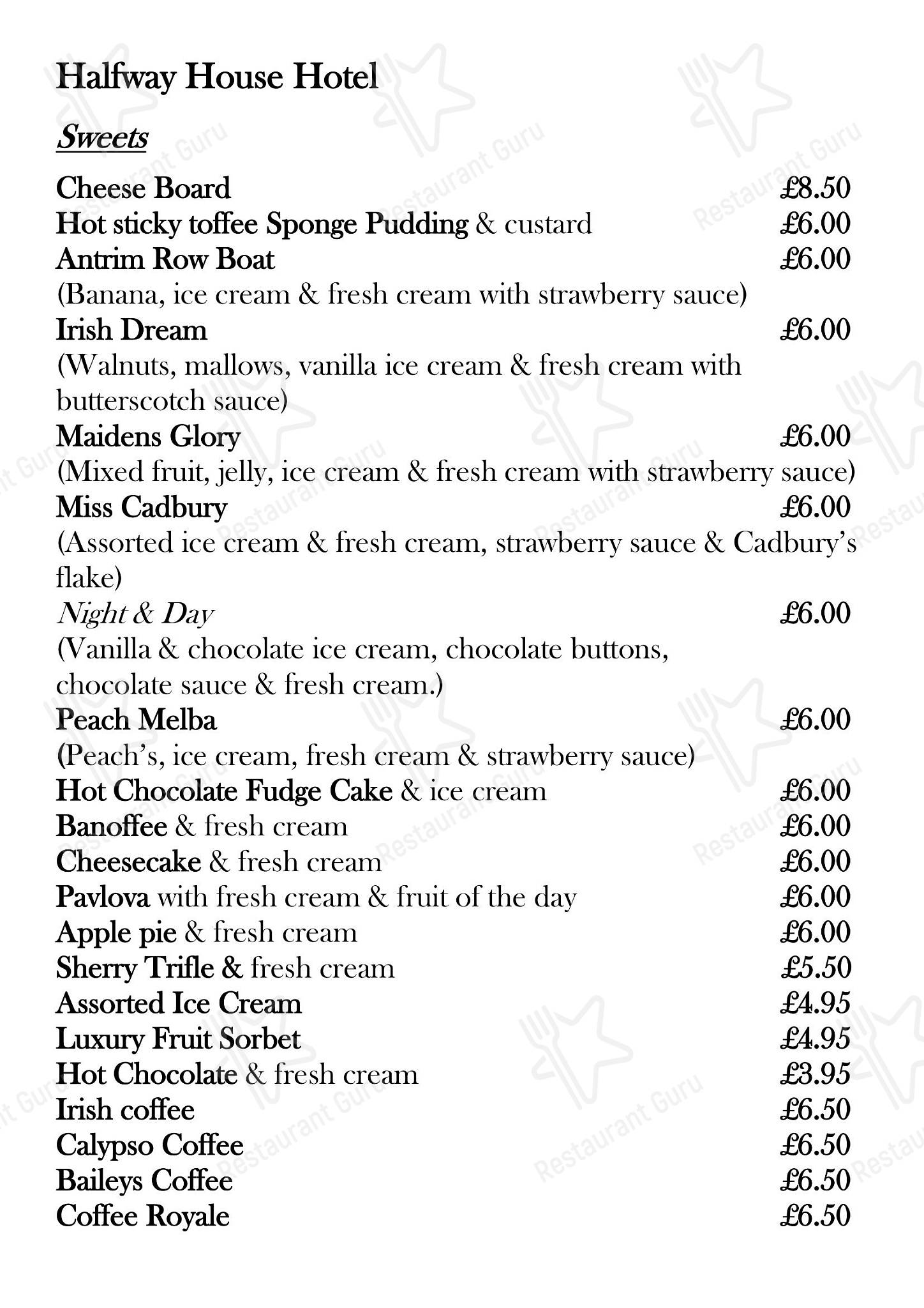 Menu at Halfway House Hotel pub & bar, Larne