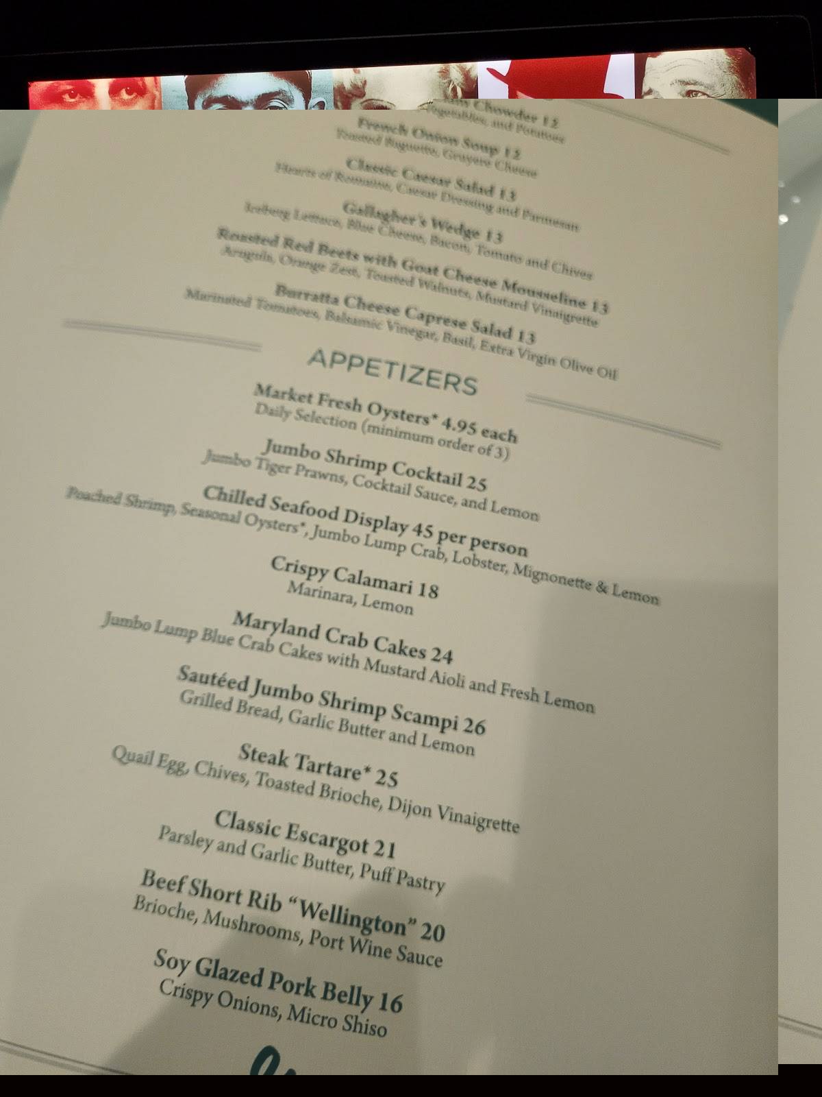 Menu at Gallagher's Steakhouse, Las Vegas