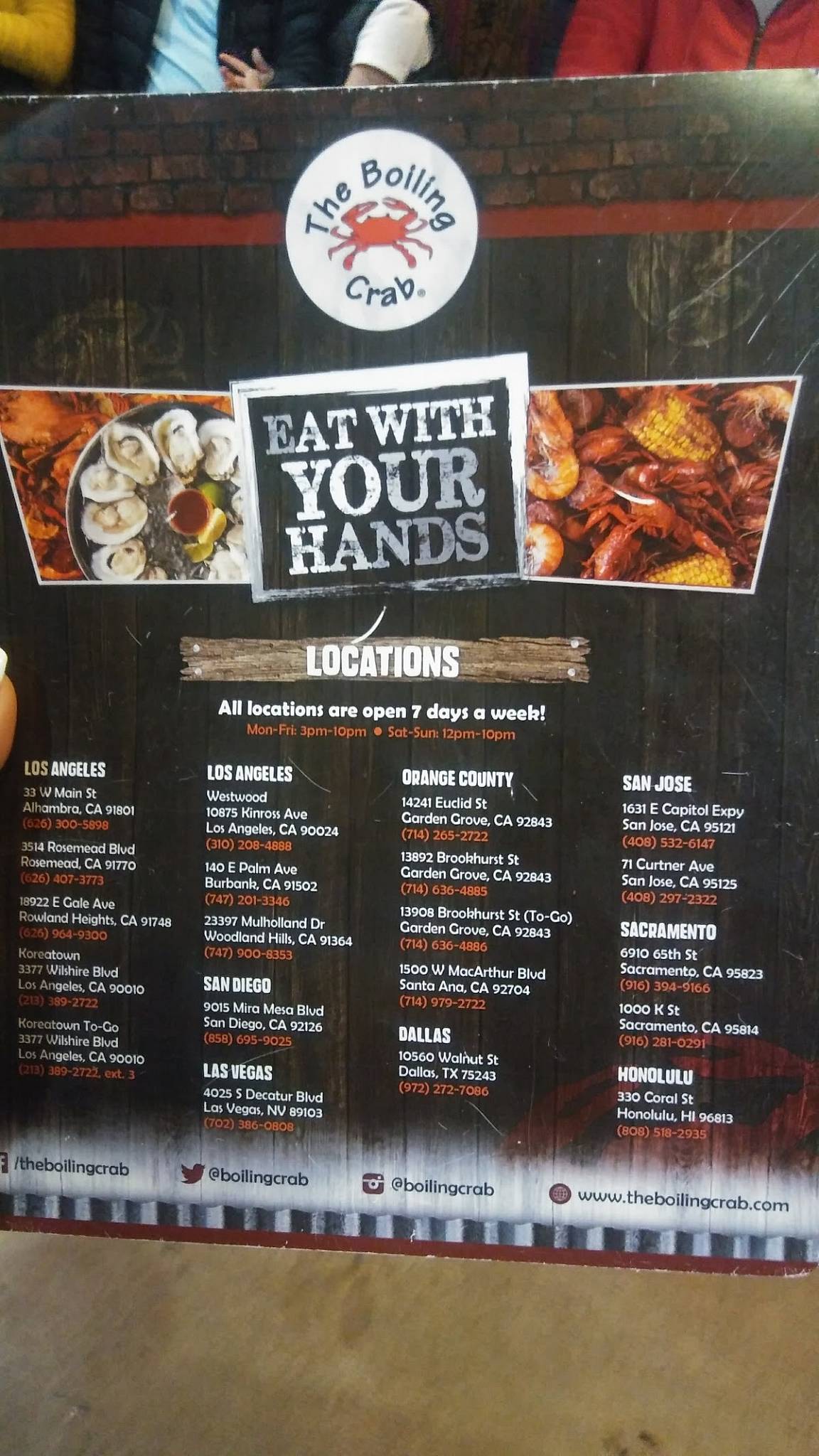 Menu at The Boiling Crab restaurant, Las Vegas, S Decatur Blvd