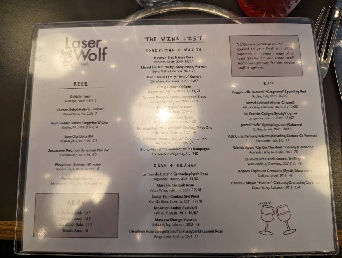 Carta del restaurante Laser Wolf, Filadelfia