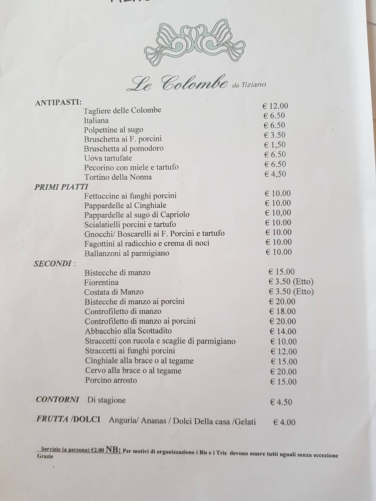 Menu da Le Colombe Da Tiziano ristorante, Rocca Priora