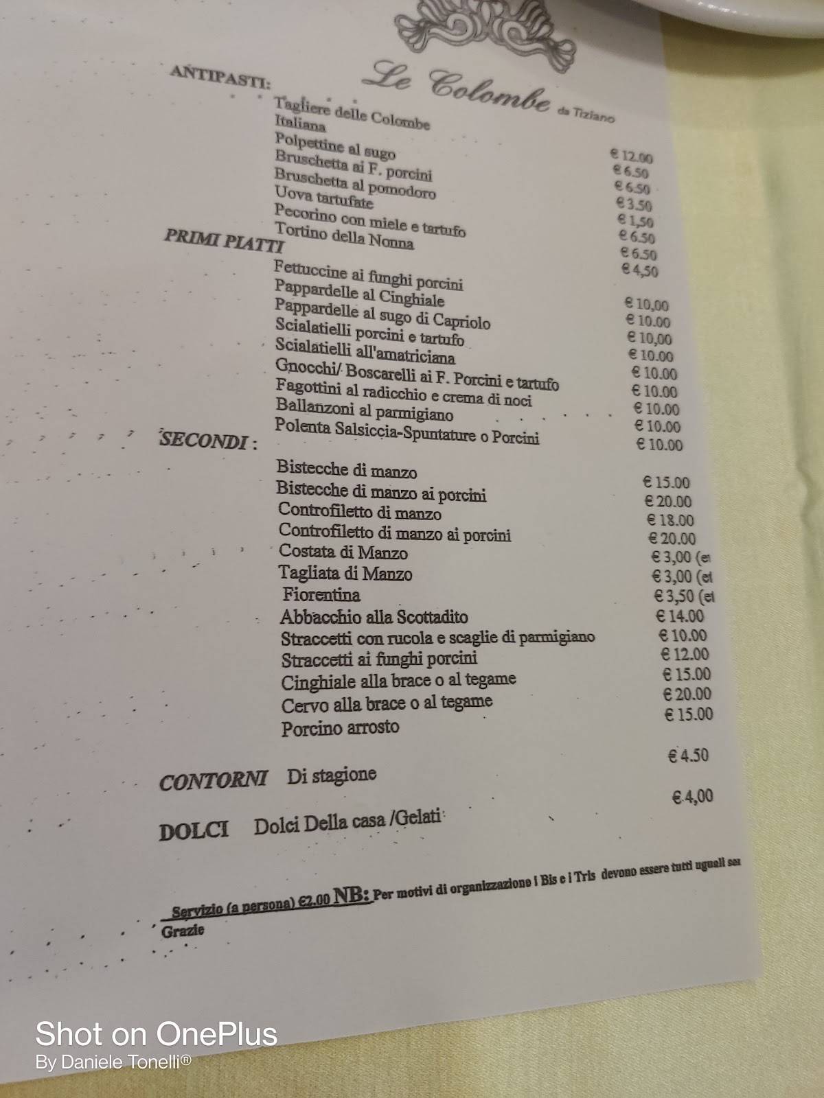 Menu da Le Colombe Da Tiziano ristorante, Rocca Priora
