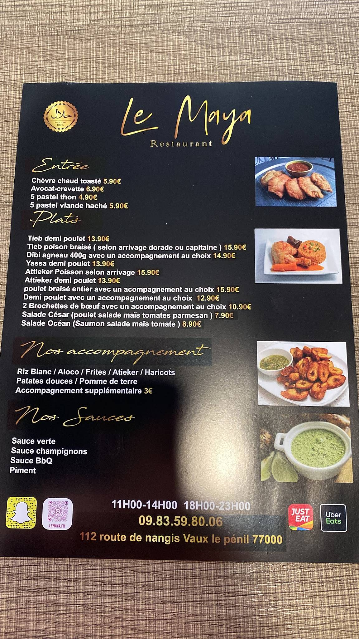 Menu au Le Maya restaurant lounge, Vaux-le-Pénil