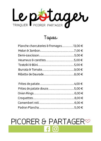 Carta del restaurante Le Potager, Quillan
