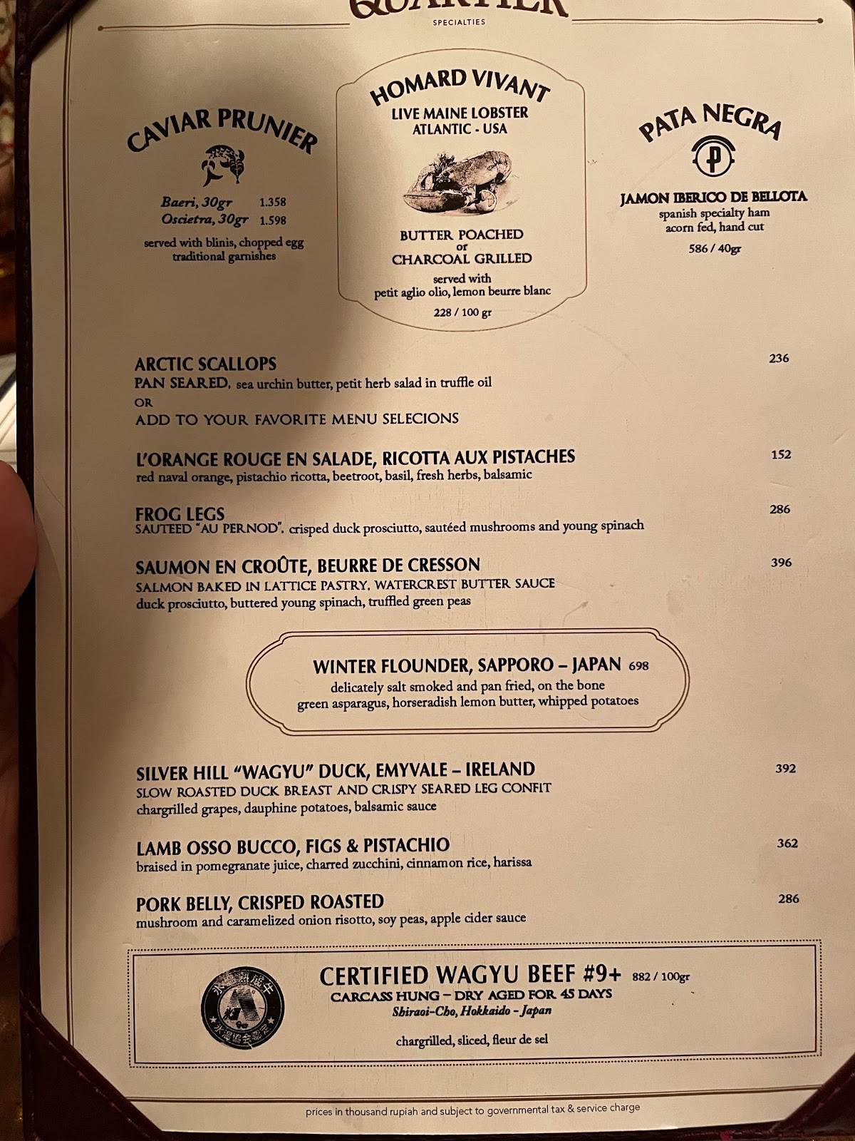 Menu at Le Quartier restaurant, Jakarta