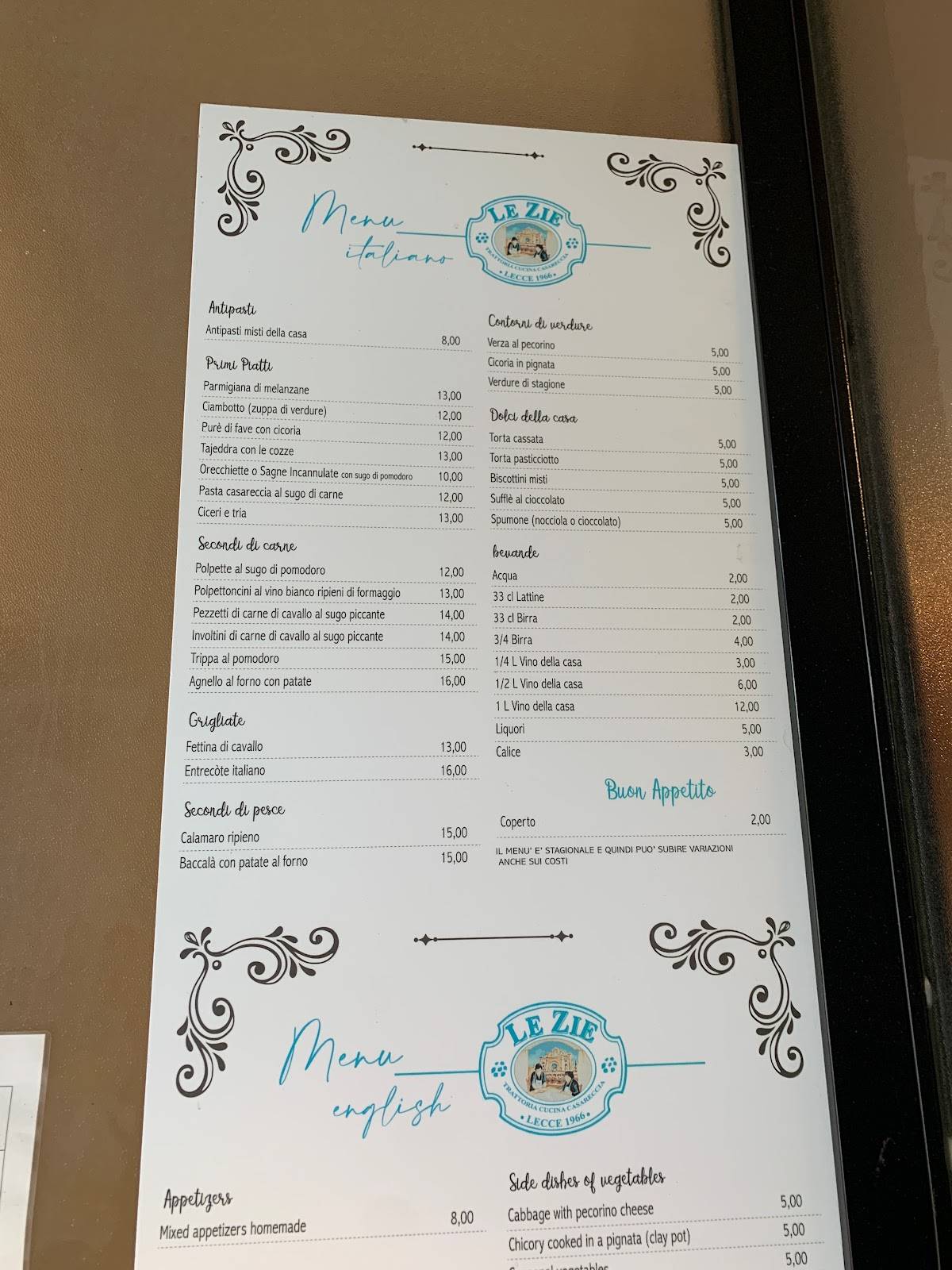 Menu da Trattoria Le Zie Cucina Casareccia ristorante, Lecce, Via ...