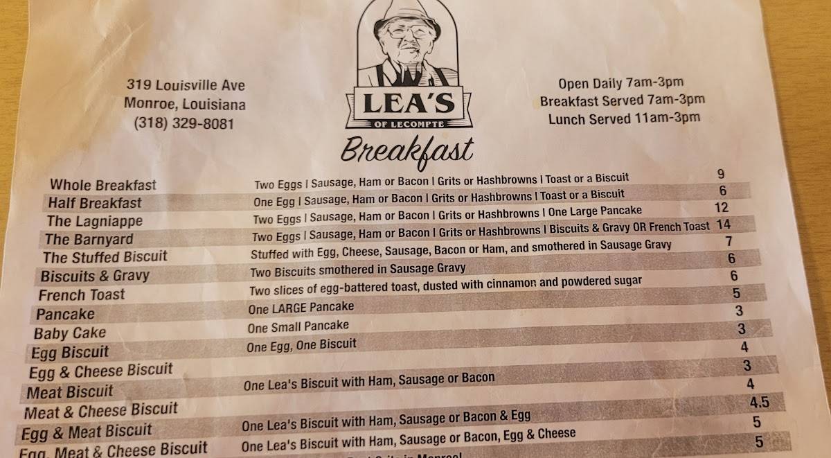 Menu at Lea's of Monroe cafe, Monroe