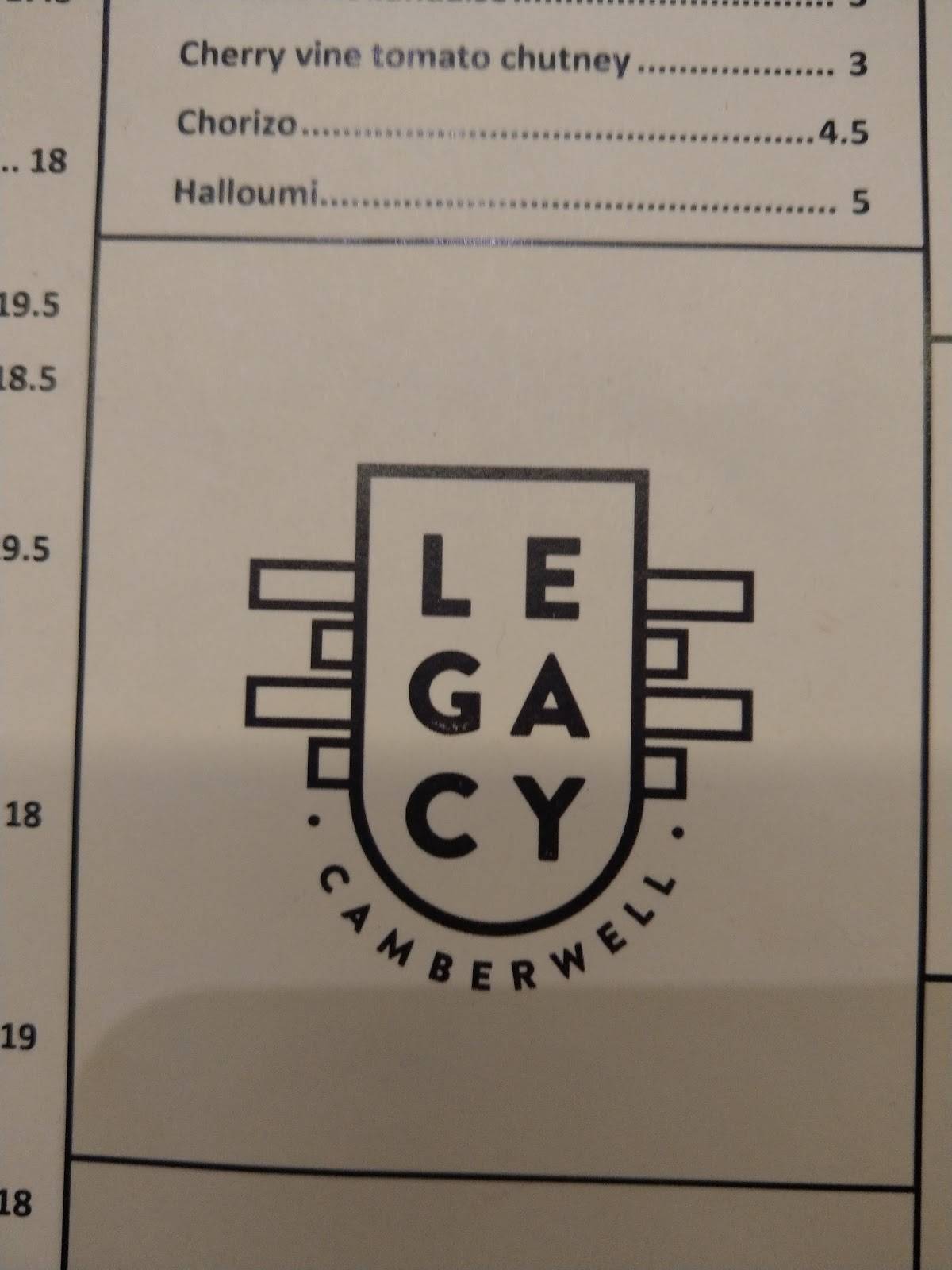 Menu at Legacy Camberwell cafe, Camberwell
