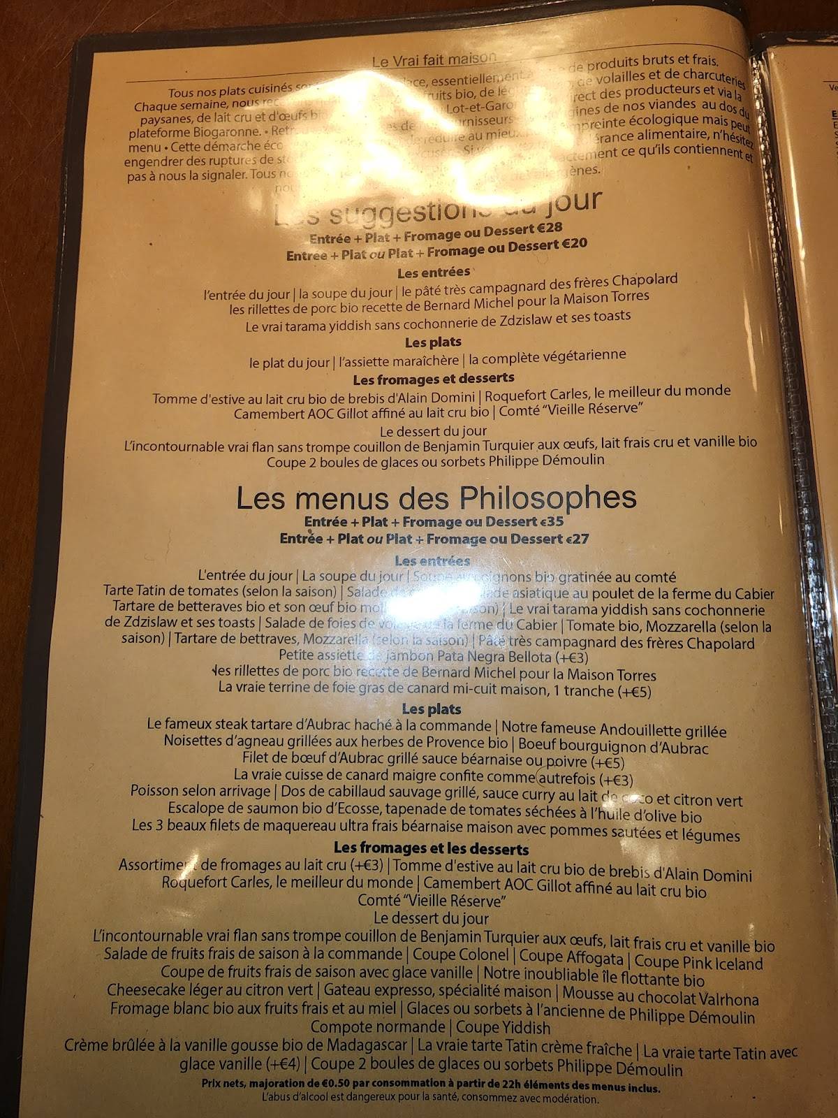 Menu at Les Philosophes restaurant, Paris, 28 Rue Vieille-du-Temple