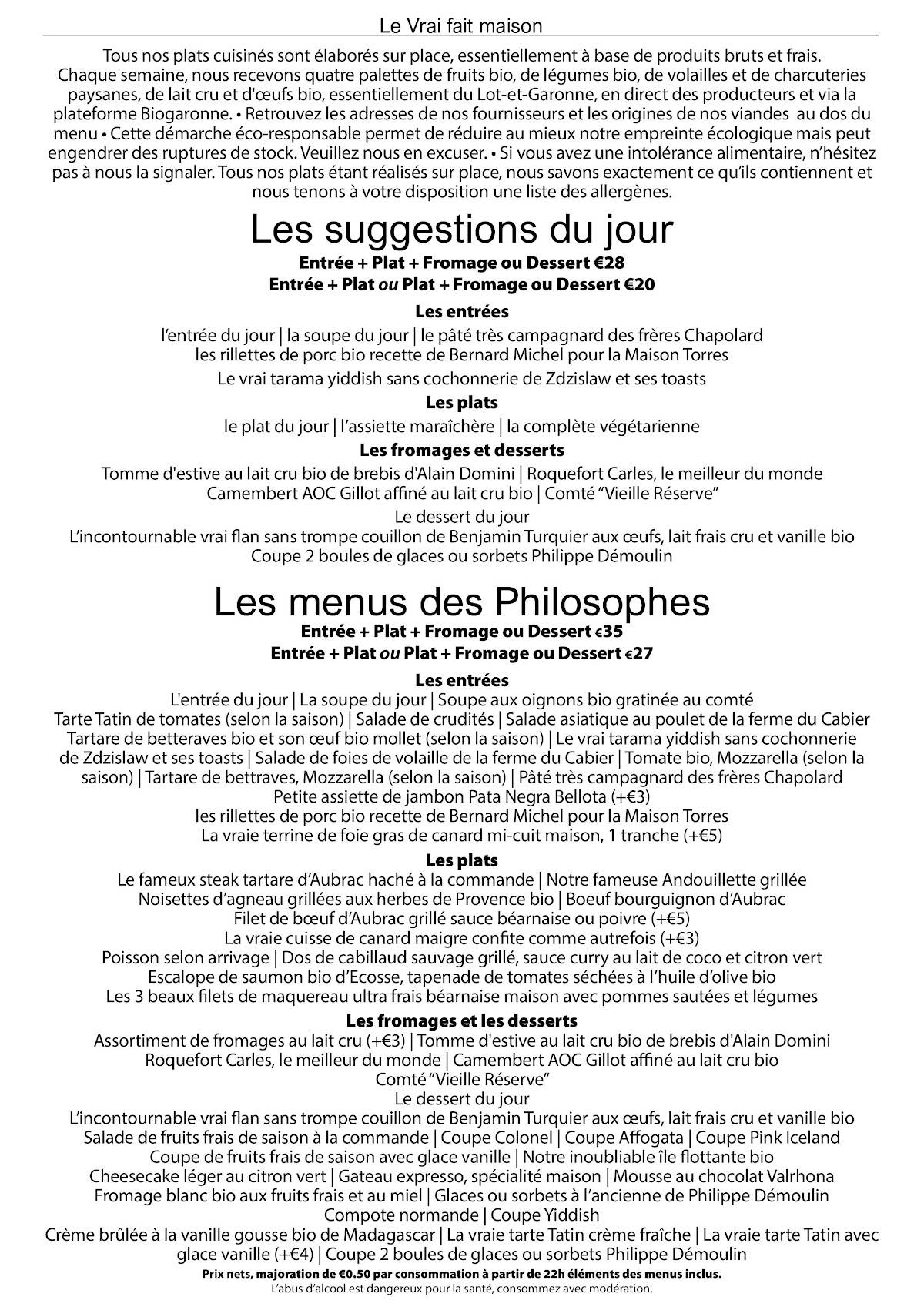 Menu at Les Philosophes restaurant, Paris, 28 Rue Vieille-du-Temple