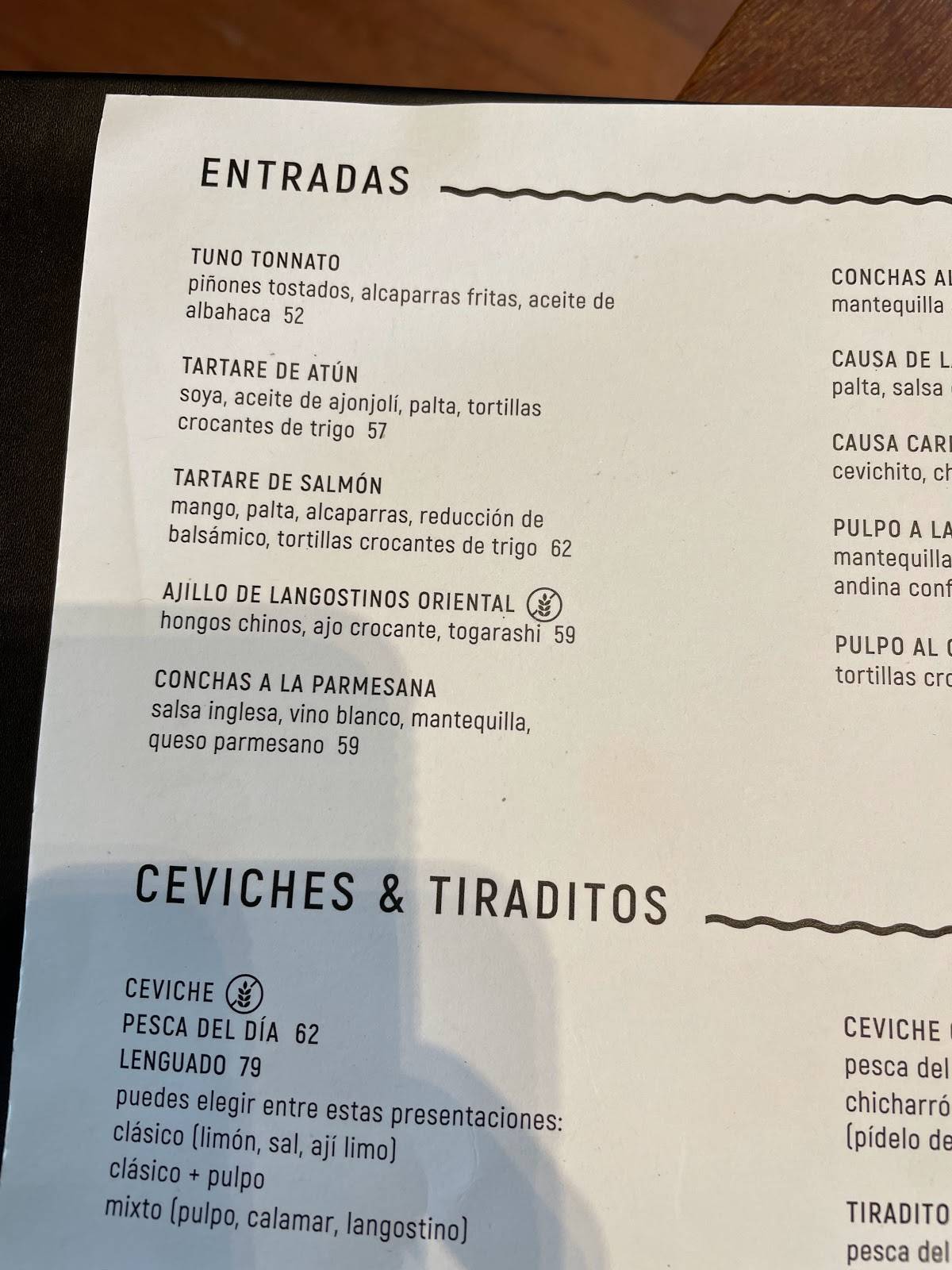 Carta del restaurante Amoramar, Lima