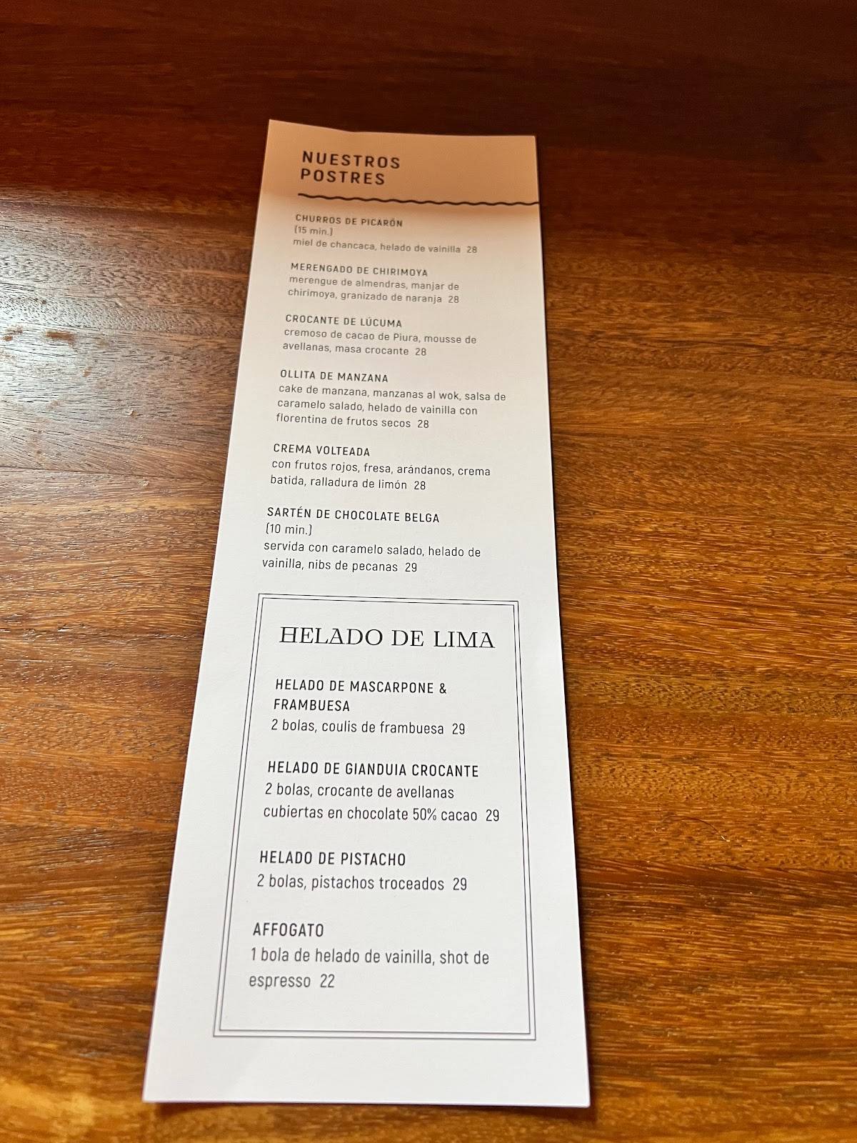 Carta del restaurante Amoramar, Lima