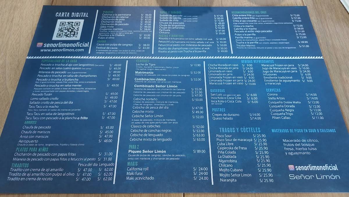 Carta del restaurante Señor Limón, Lince, Av. Guillermo Prescott 415
