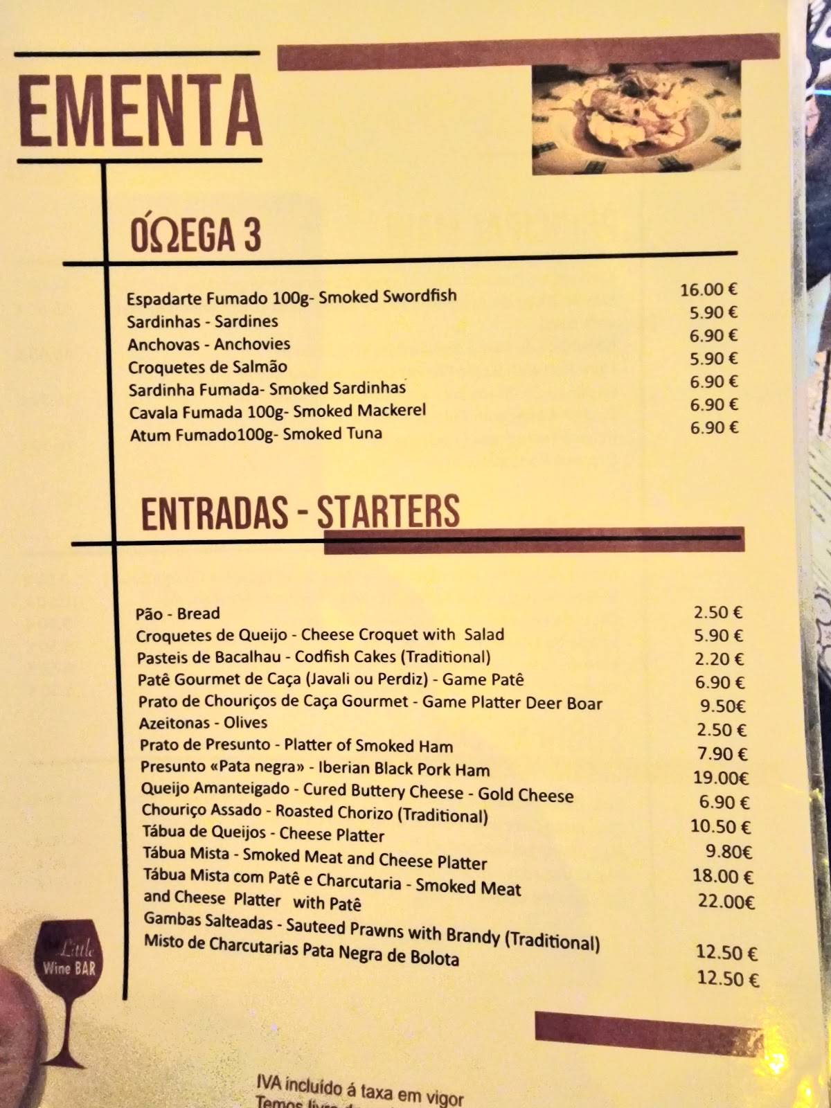 Menu at The Little Wine Bar, Lisbon