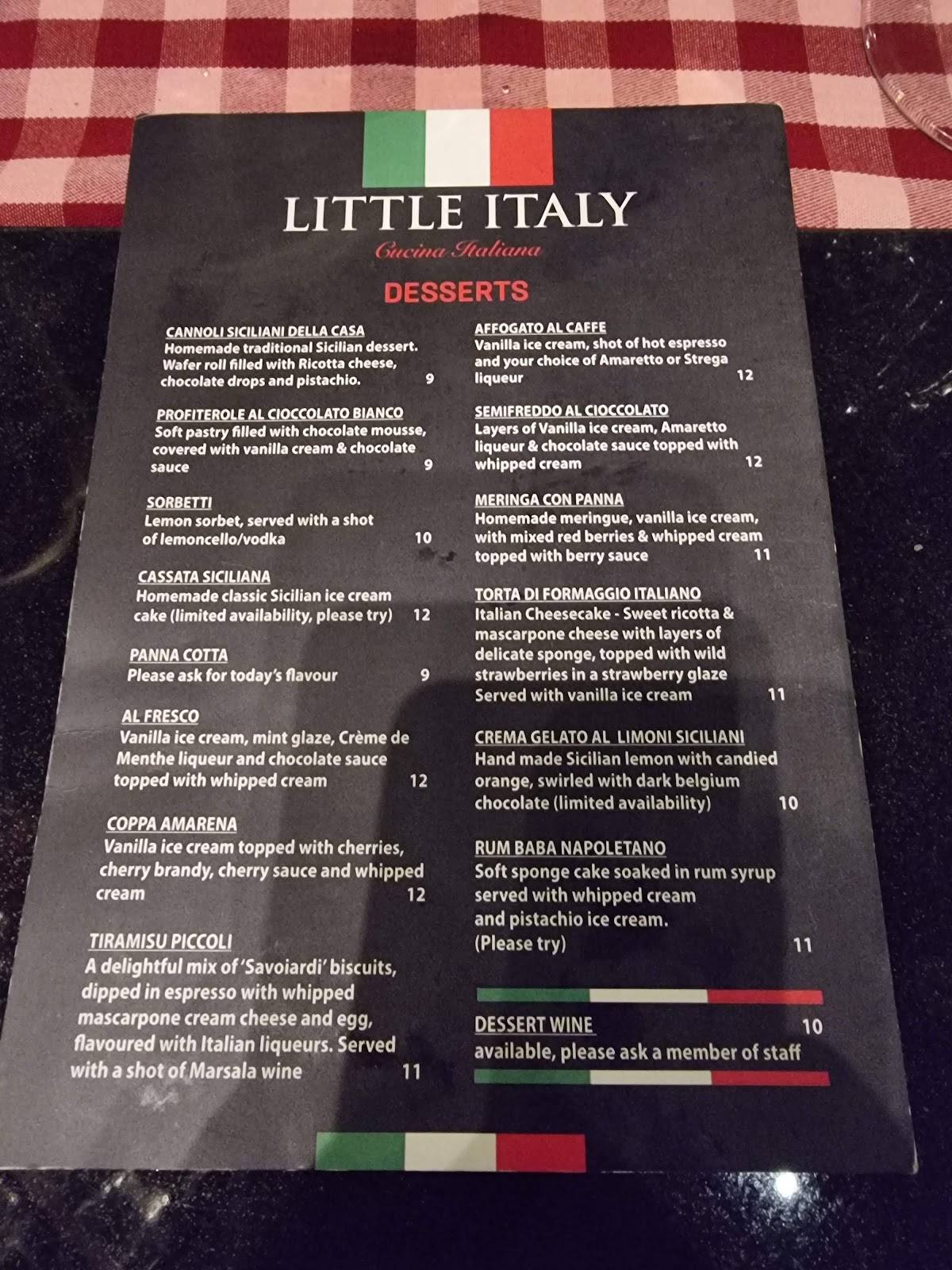 Menu at Little Italy restaurant, Saint Andrews