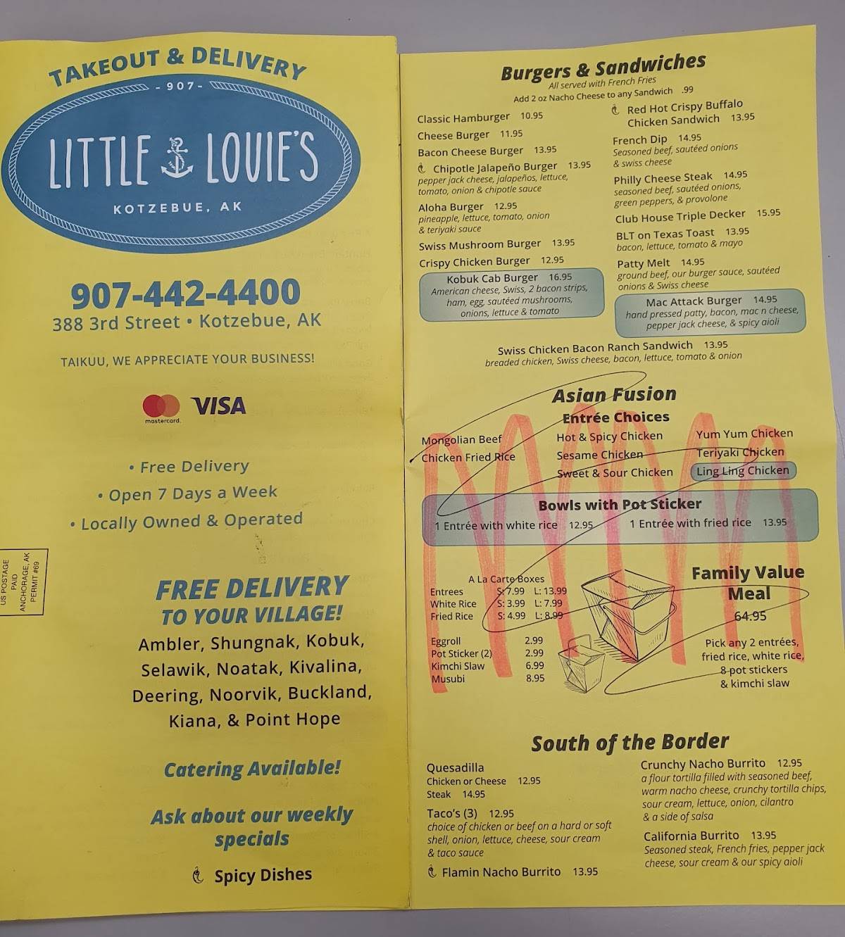 Menu at Little Louie's pizzeria, Kotzebue