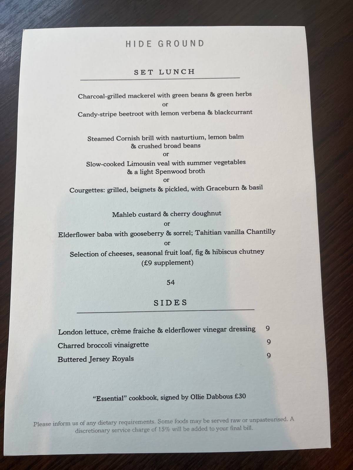 Menu at HIDE pub & bar, London, 85 Piccadilly