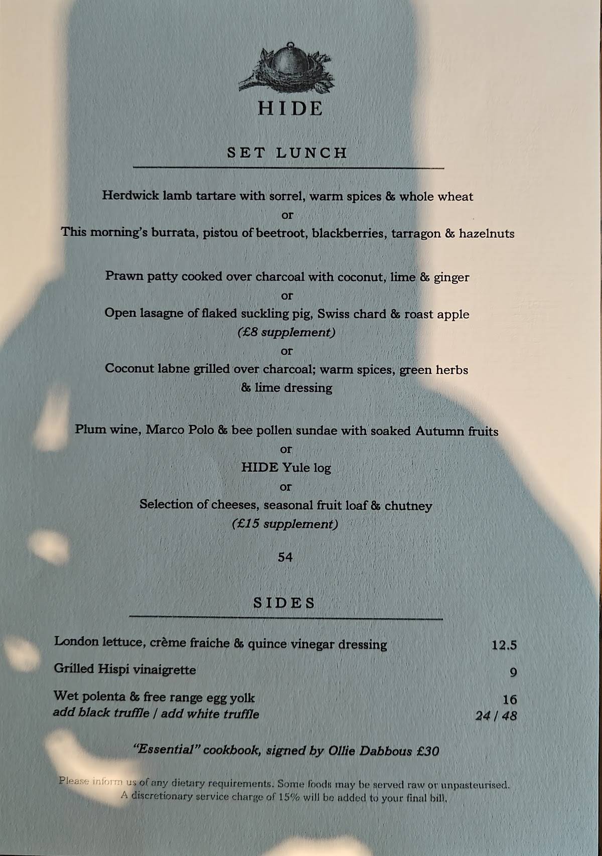 Menu at HIDE pub & bar, London, 85 Piccadilly