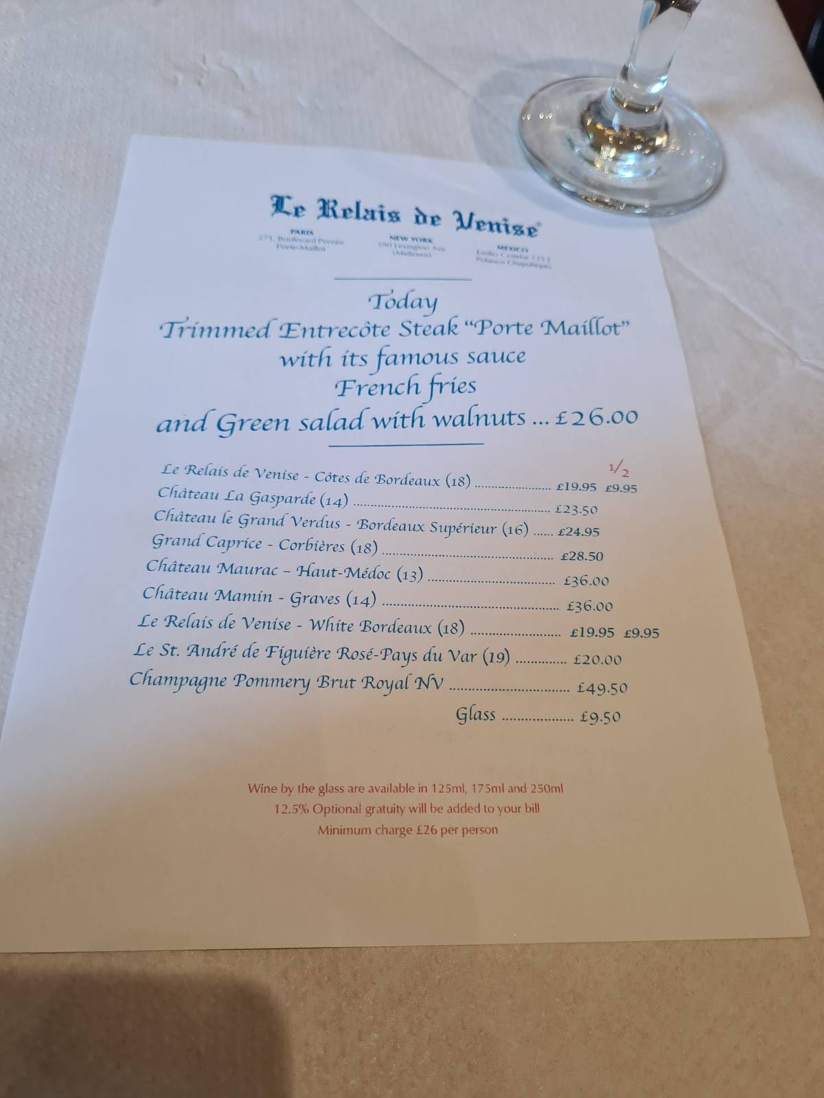 Menu at Le Relais de Venise L'Entrecote - Marylebone steakhouse, London ...