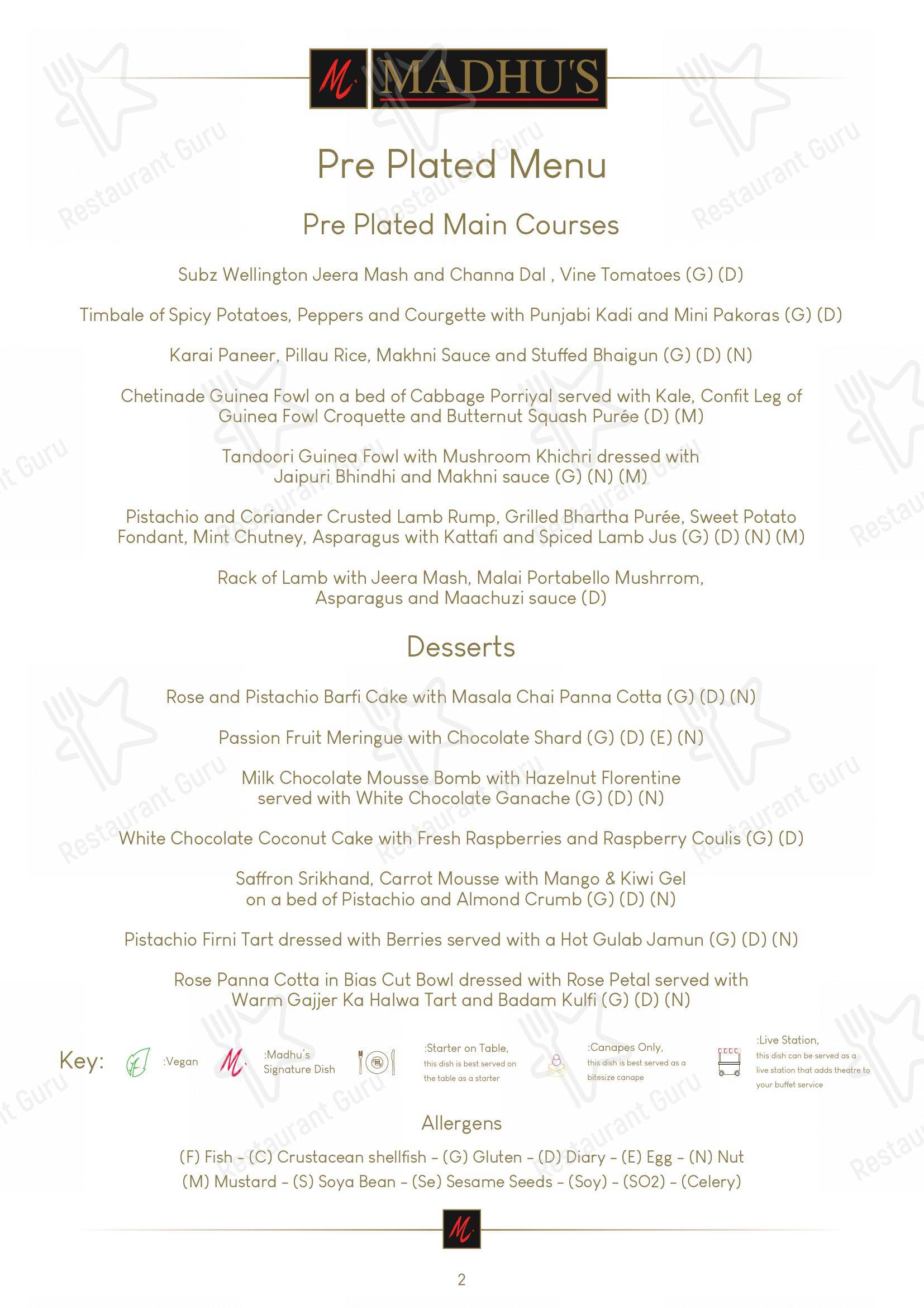 Menu at Madhu's of Mayfair restaurant, London