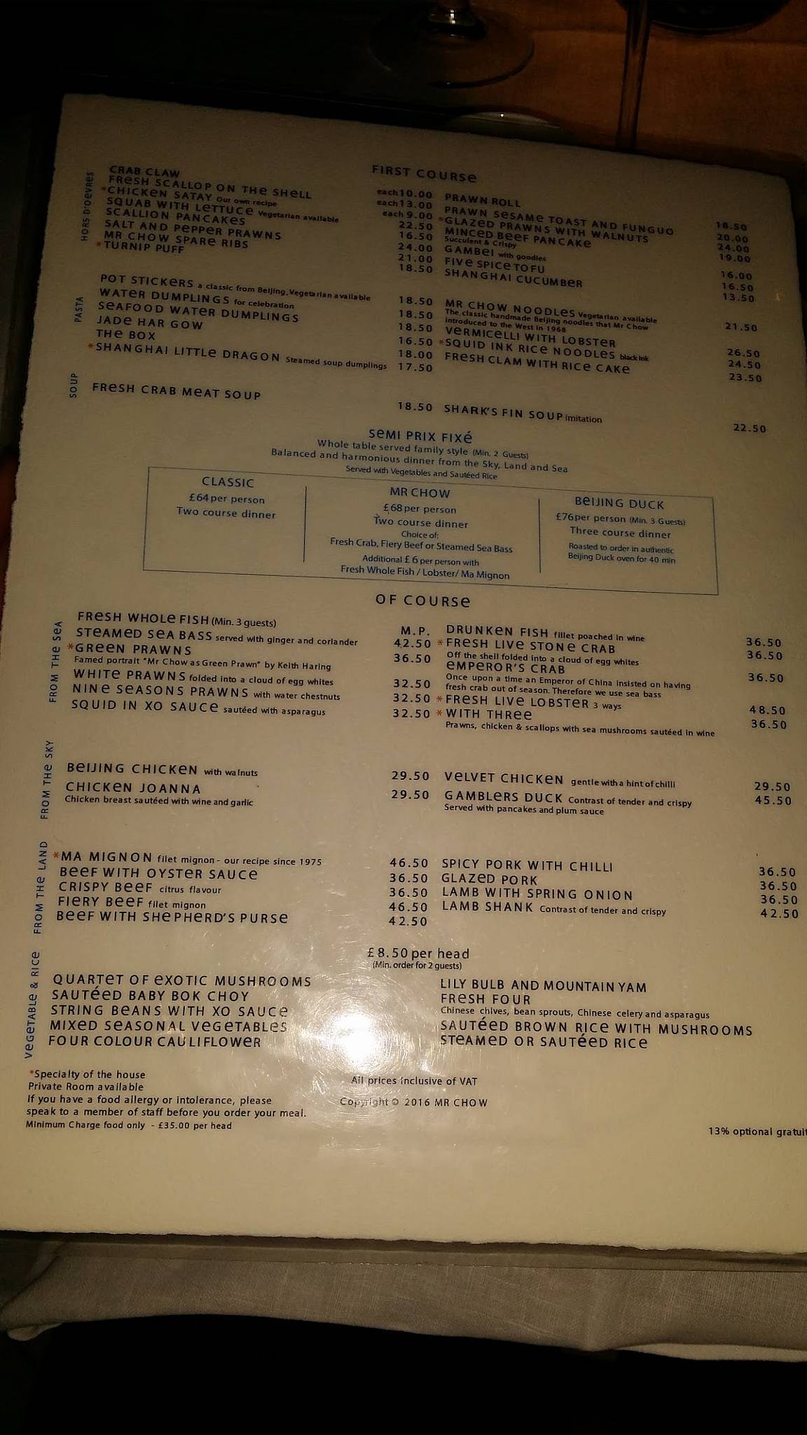 Menu at Mr Chow restaurant, London