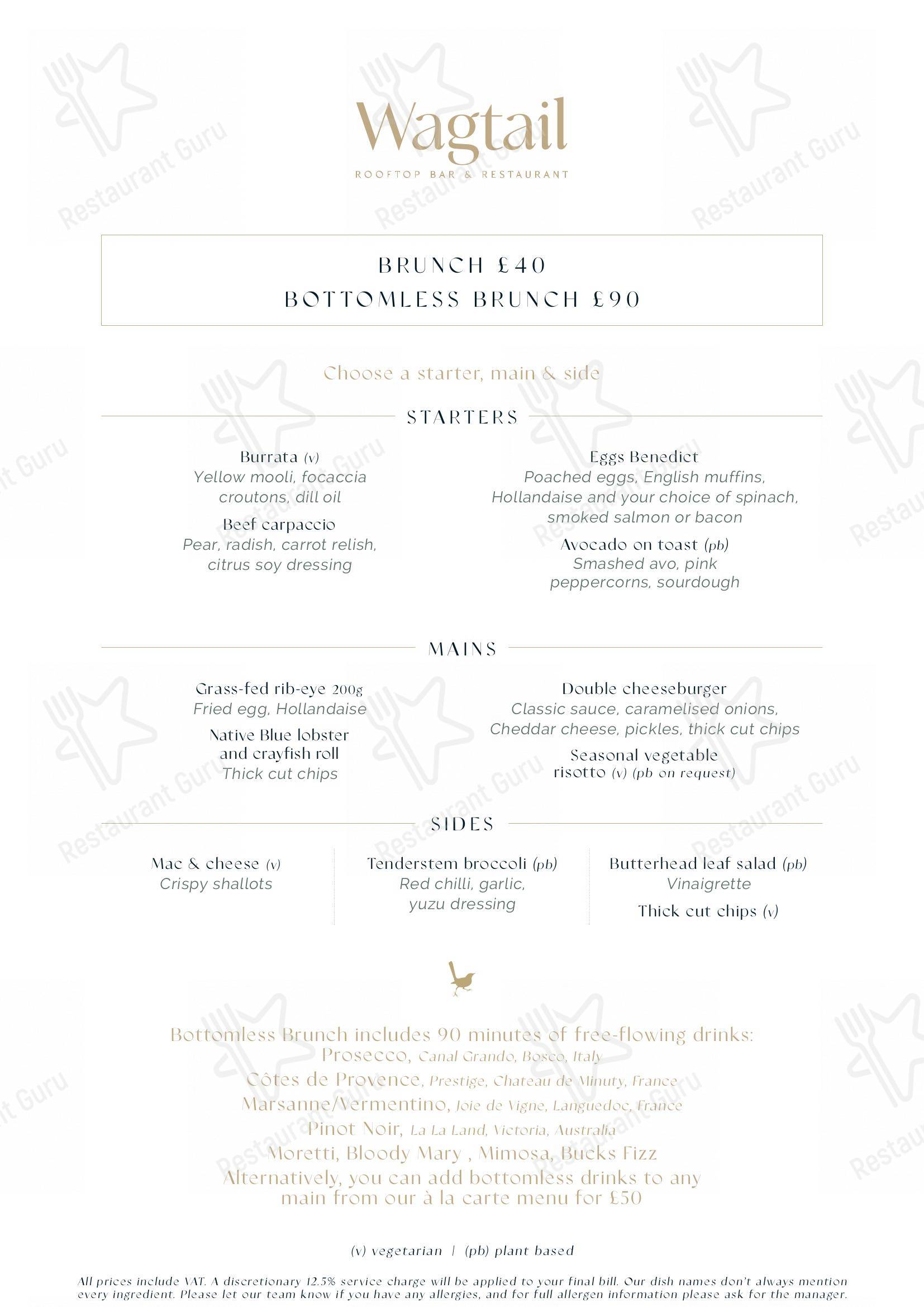 Carta de Wagtail Rooftop Bar & Restaurant, Londres