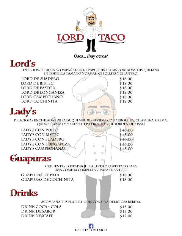 Menu at Lord Taco restaurant, Mexico City, Delfin
