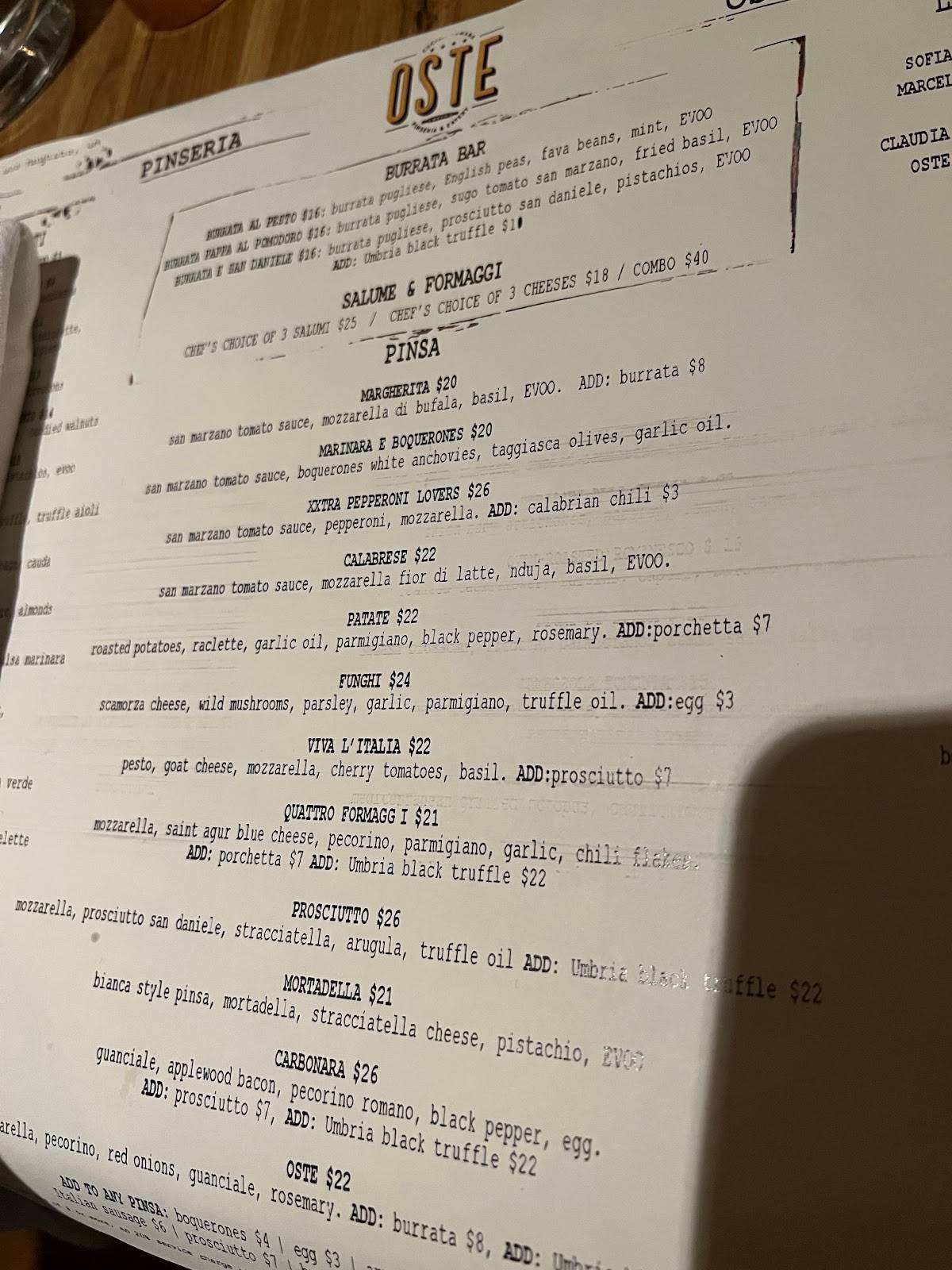 Menu at Oste pizzeria, Los Angeles