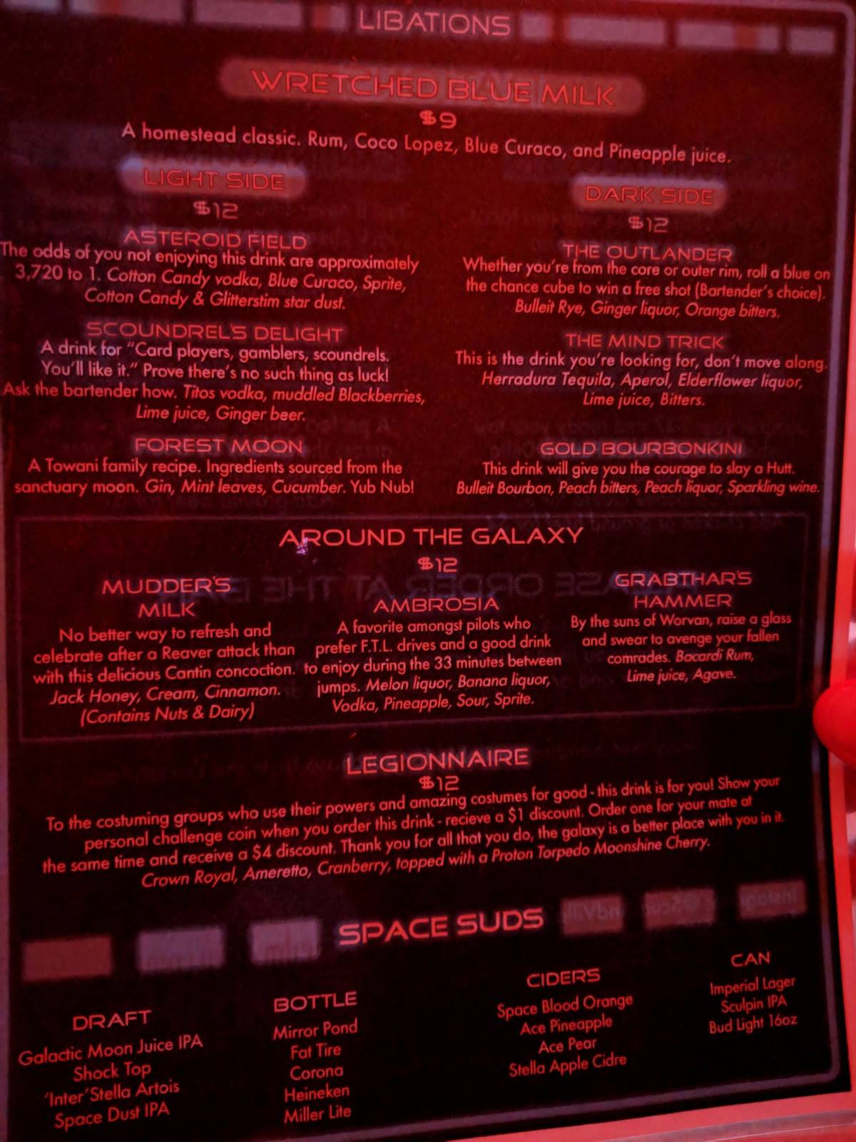 Menu at Scum and Villainy Cantina pub & bar, Los Angeles