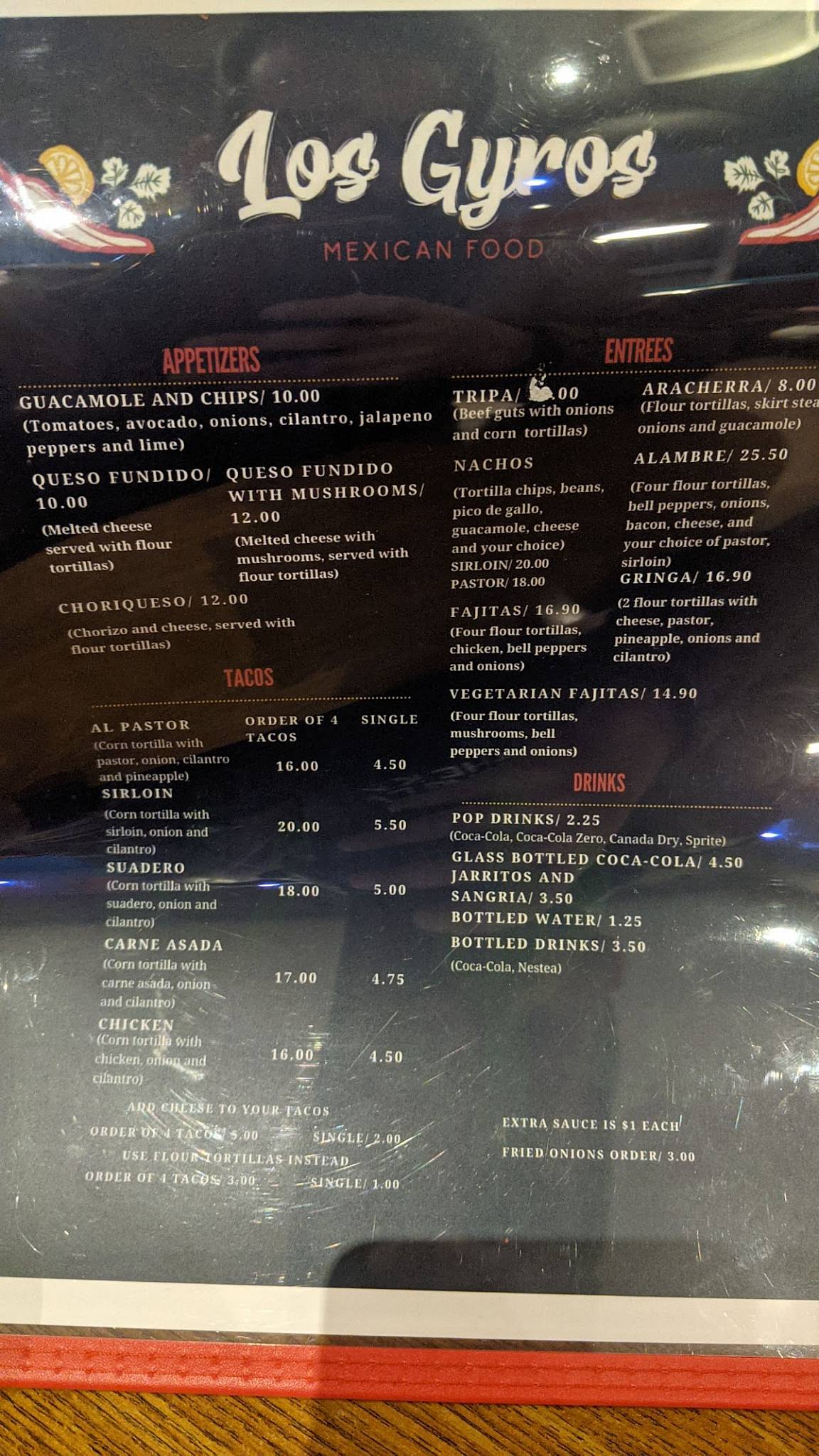 Menu at Los Gyros restaurant, Toronto