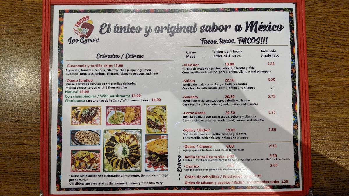 Menu at Los Gyros restaurant, Toronto