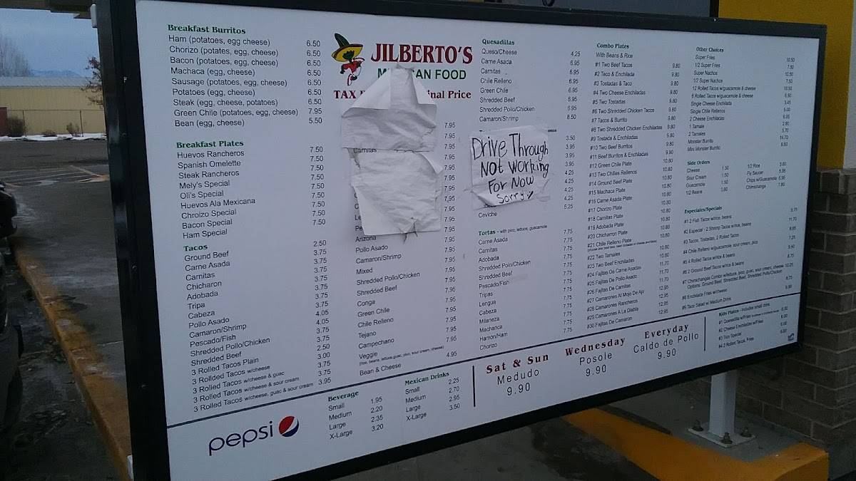 Menu at Los Jilbertos Mexican Fast Food, Wellington