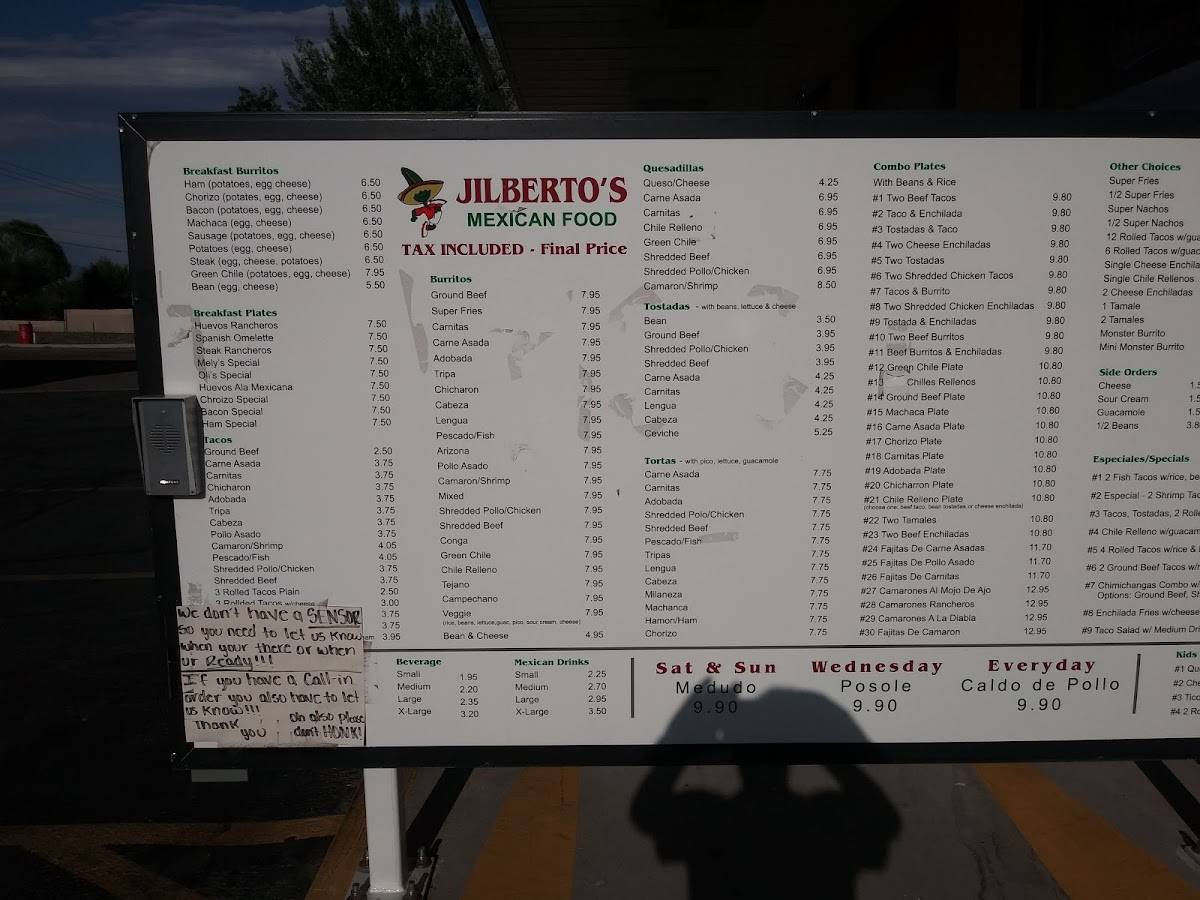 Menu at Los Jilbertos Mexican Fast Food, Wellington