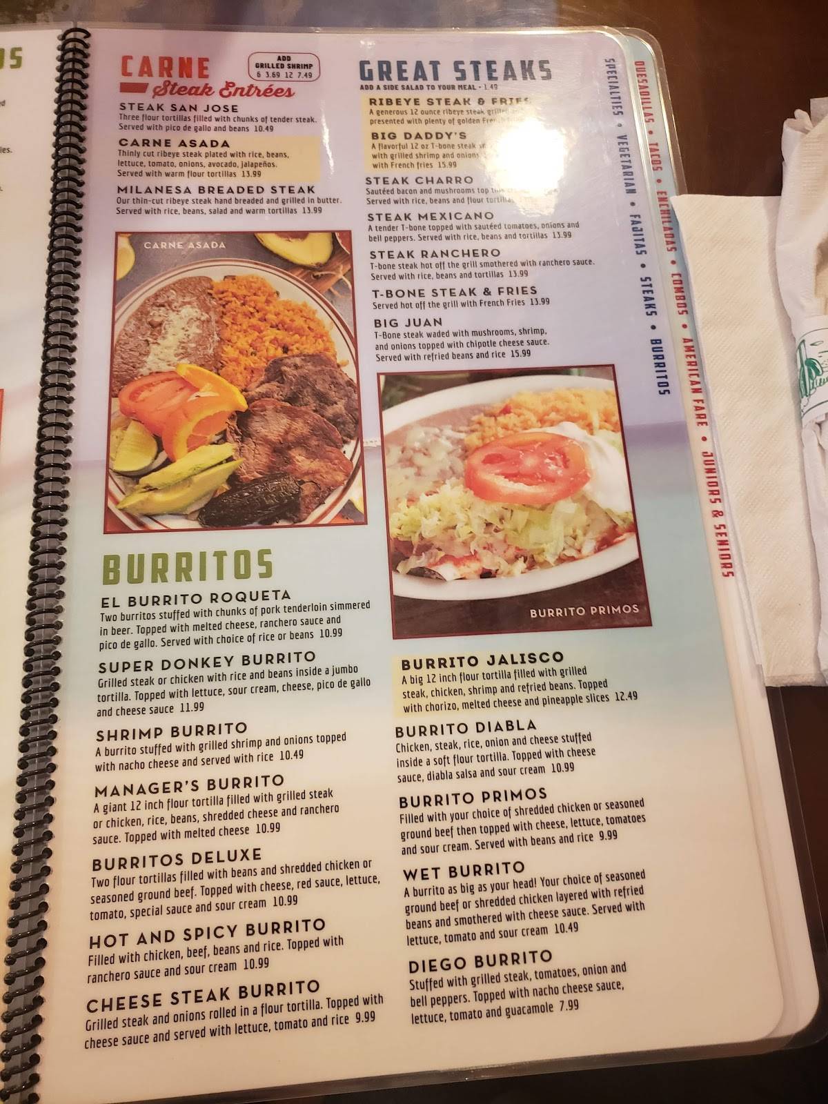 Menu at Los Primos Mexican restaurant, Hidden Valley