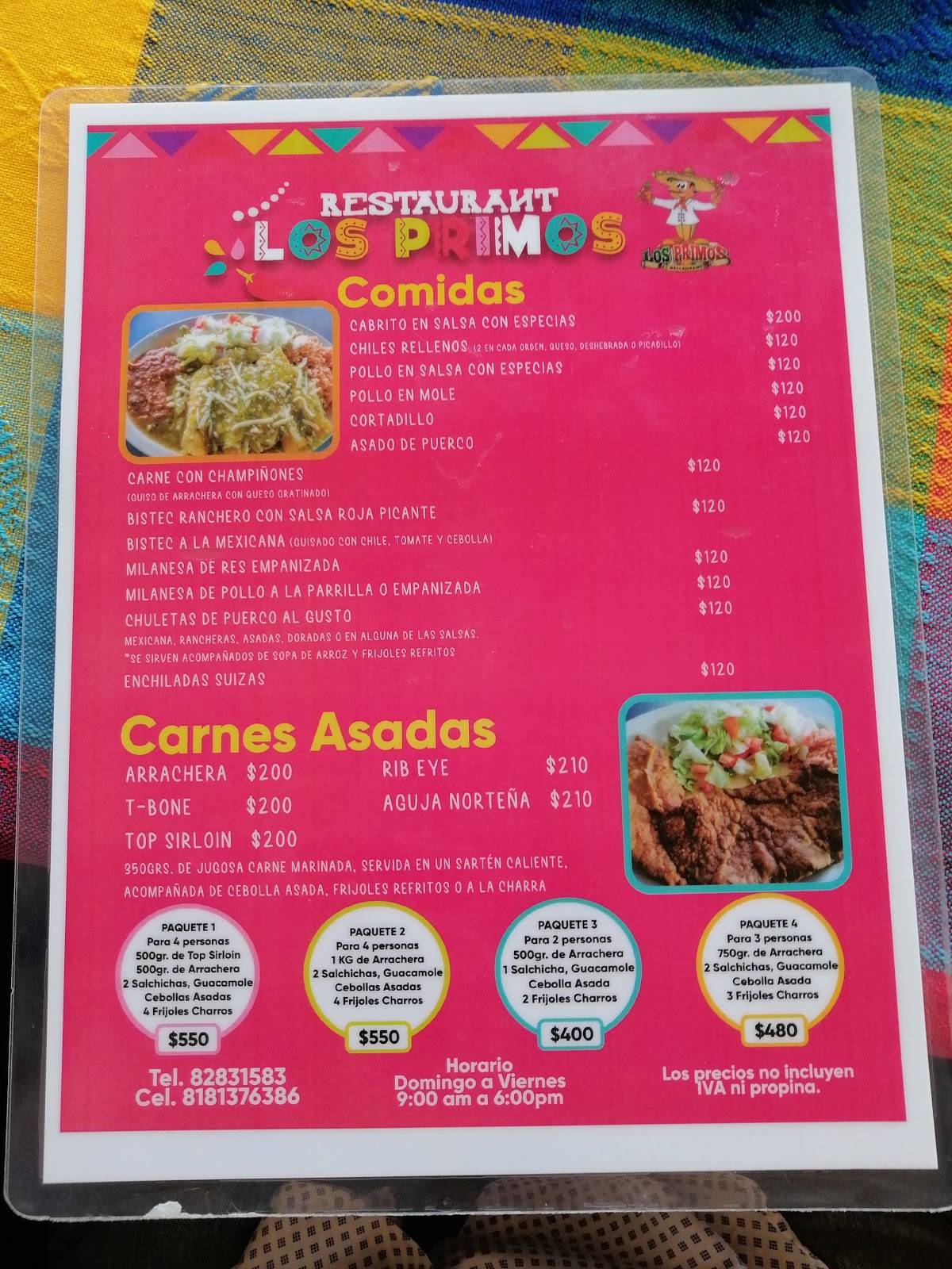 Menu at Los Primos restaurant, García
