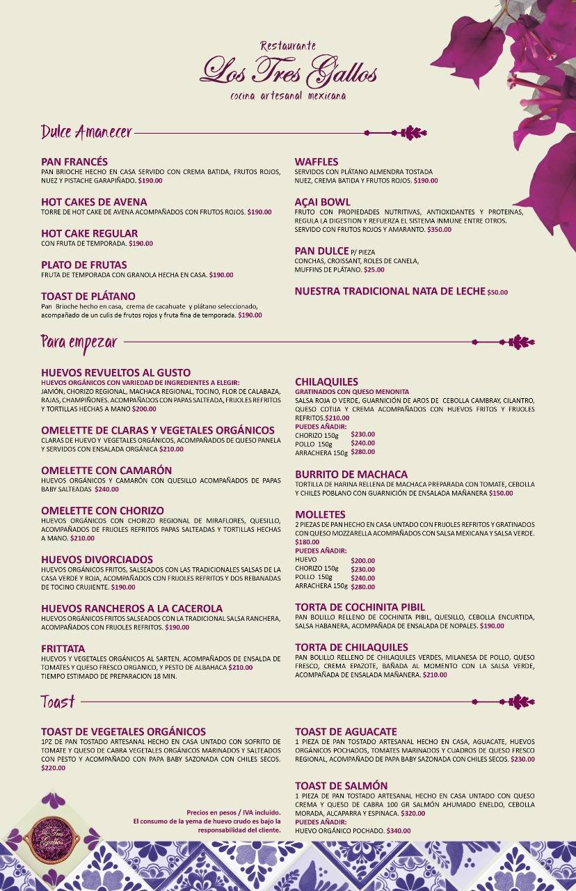 Menu at Los Tres Gallos restaurant, Cabo San Lucas, Leona Vicario esquina