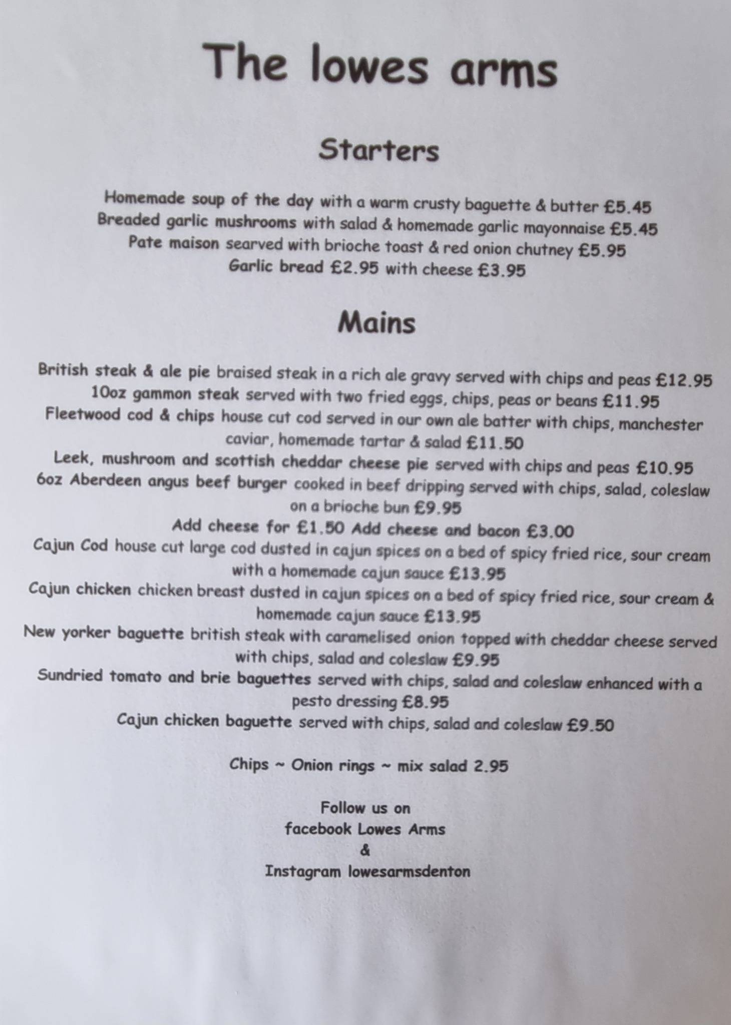 Menu at Lowes Arms pub & bar, Manchester