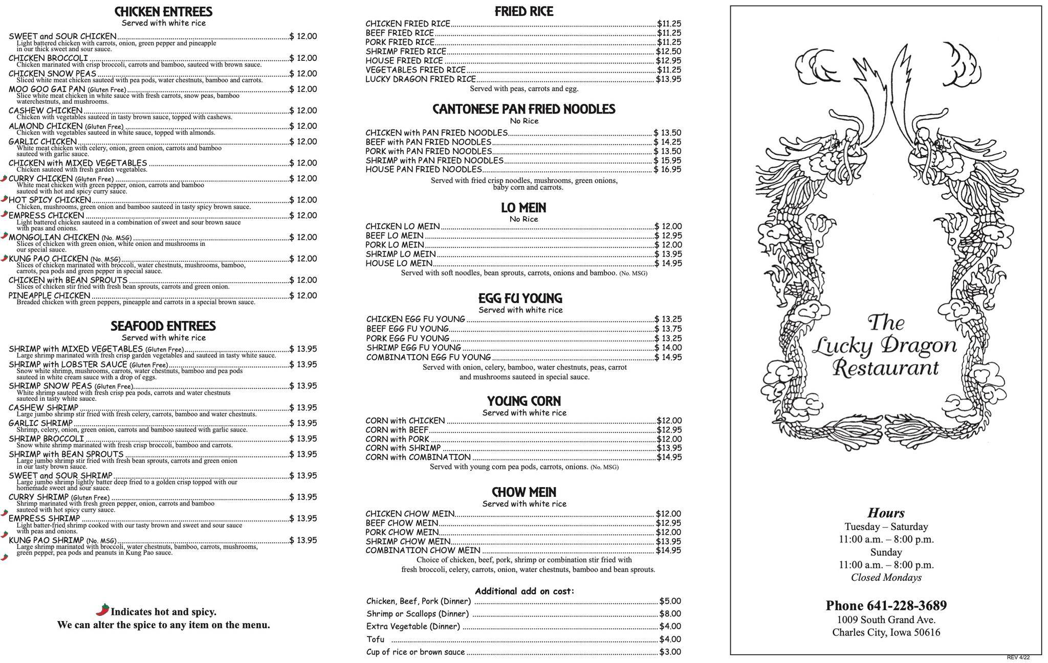 Menu at Lucky Dragon restaurant, Charles City